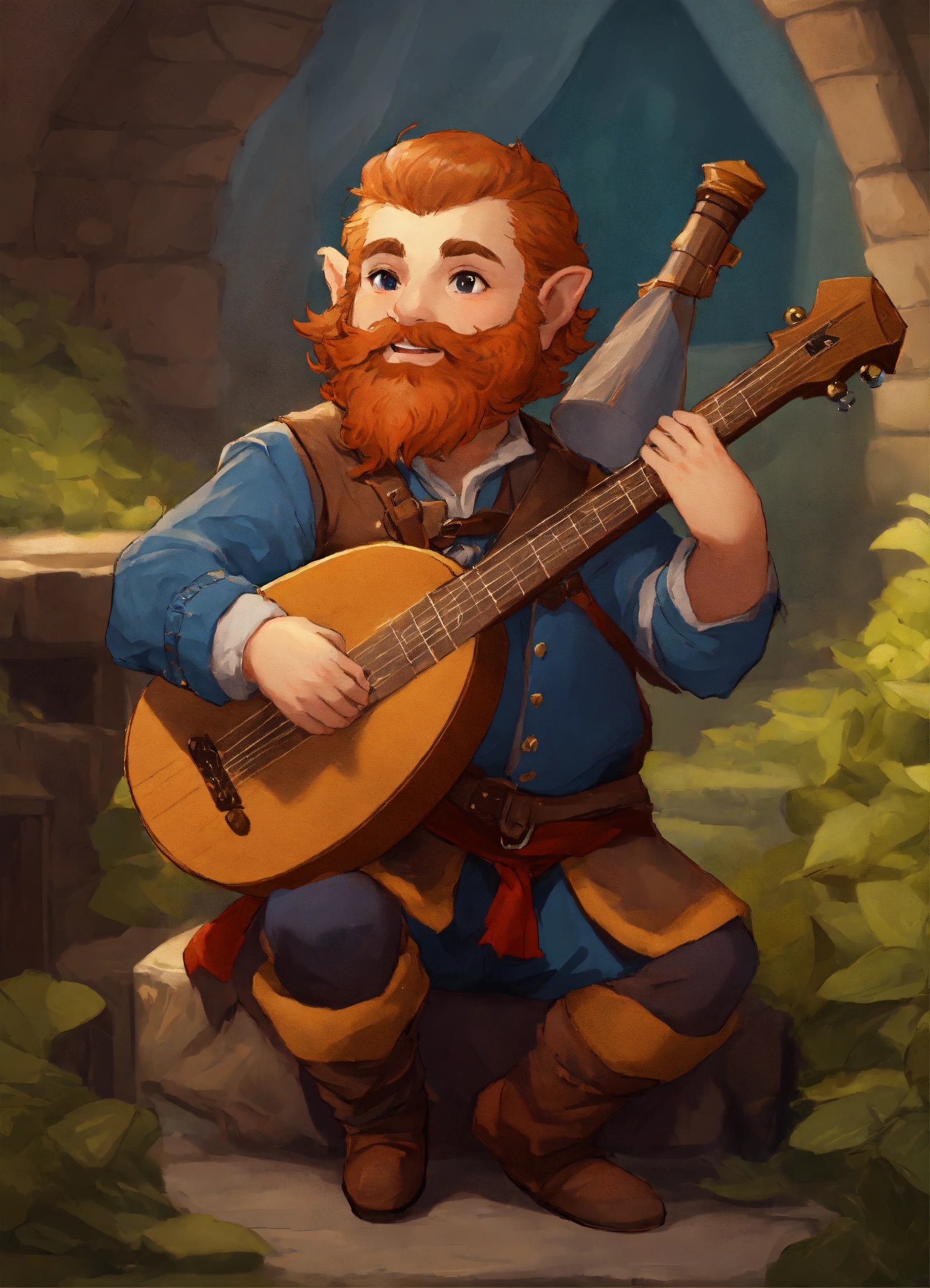 Lexica - Halfling bard, male, with a full beard, playing a lute