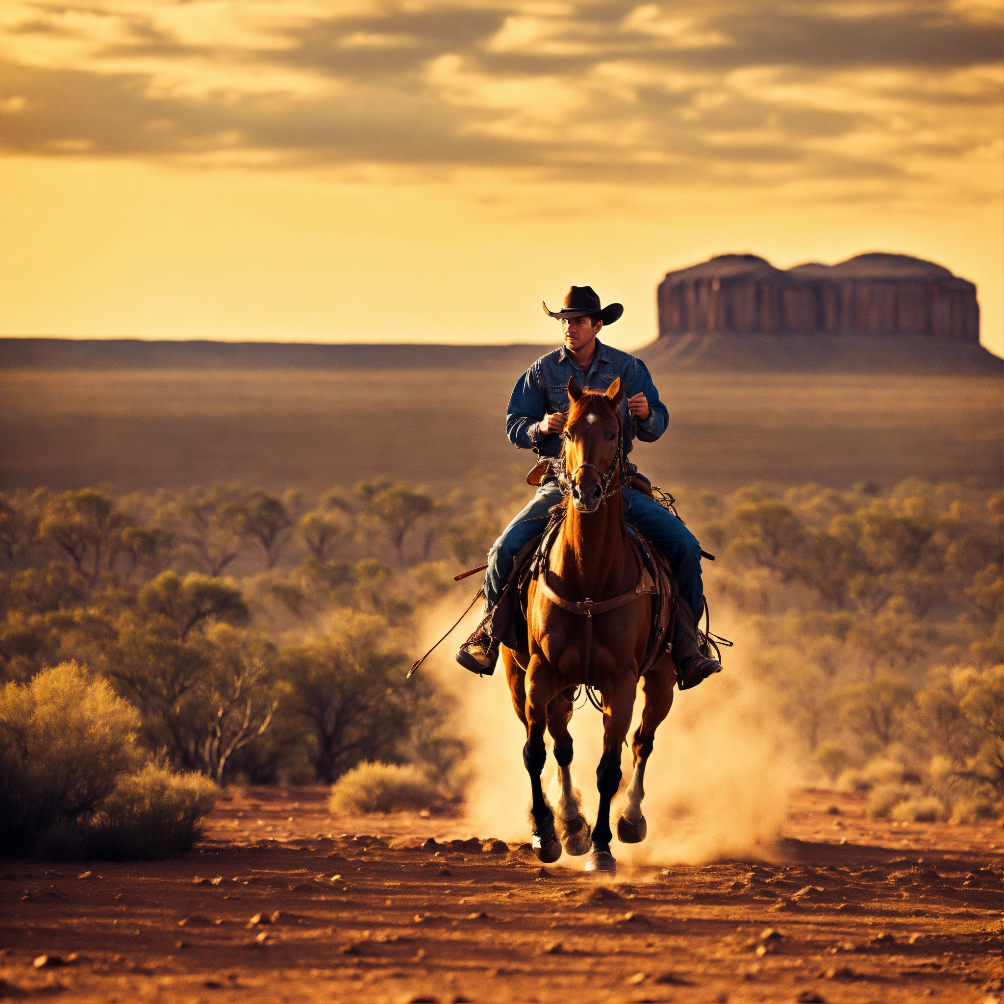 Lexica - A photograph of a cowboy on a horse riding into the outback ...