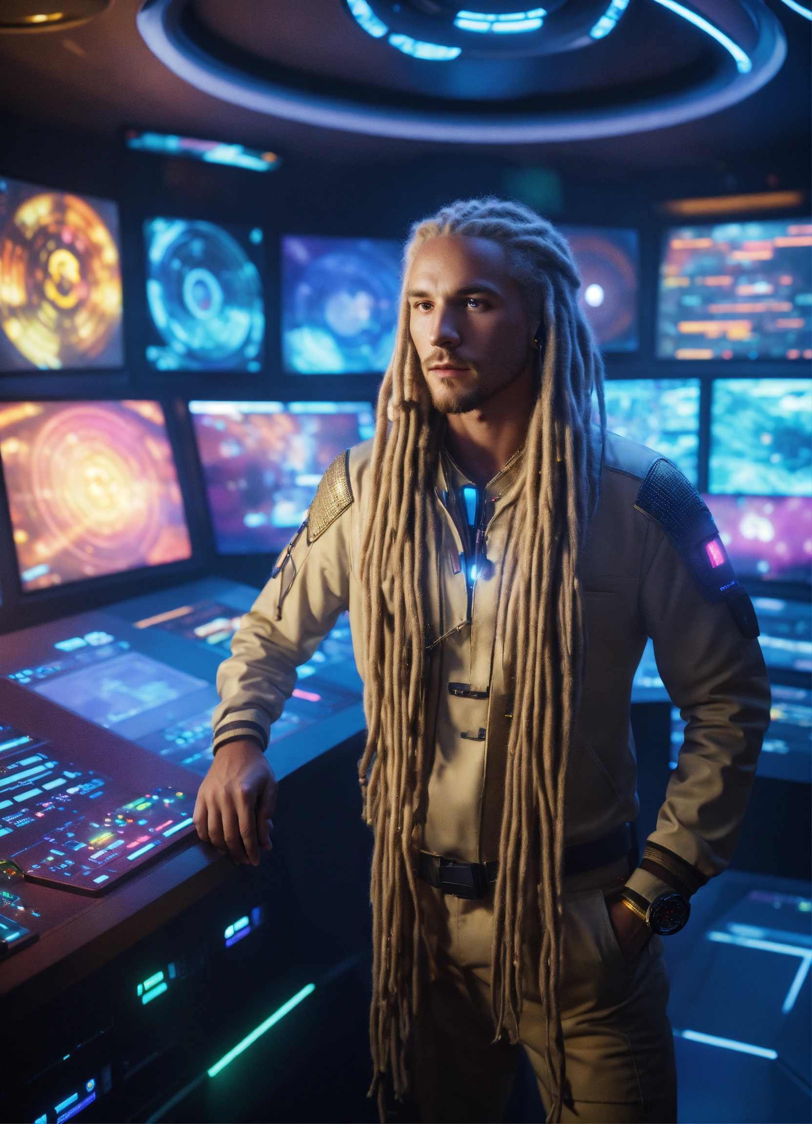 Lexica - Caucasian male with long blonde dreadlocks wearing futuristic ...