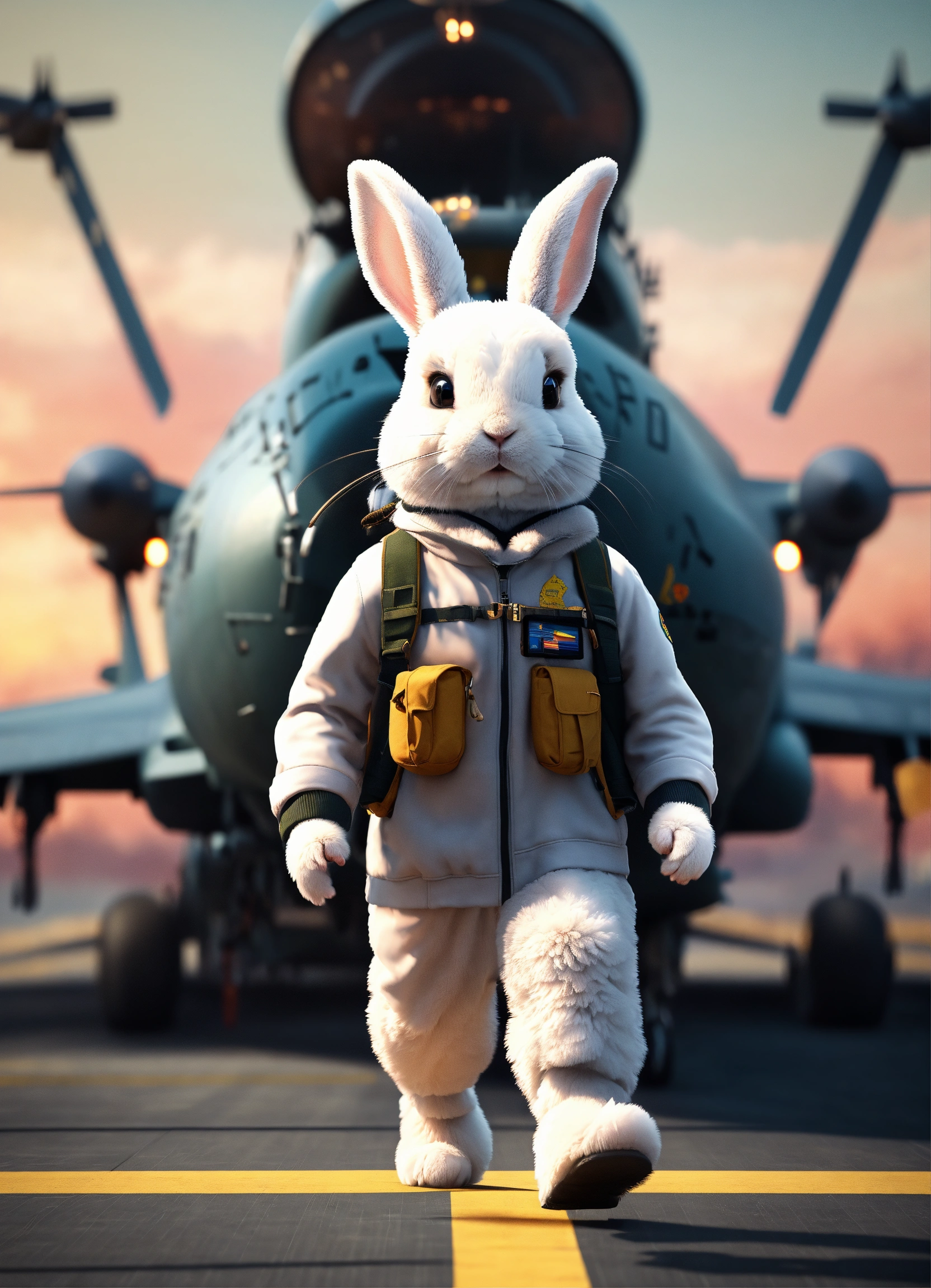 Lexica - A cute fluffy rabbit pilot walking on a military aircraft ...