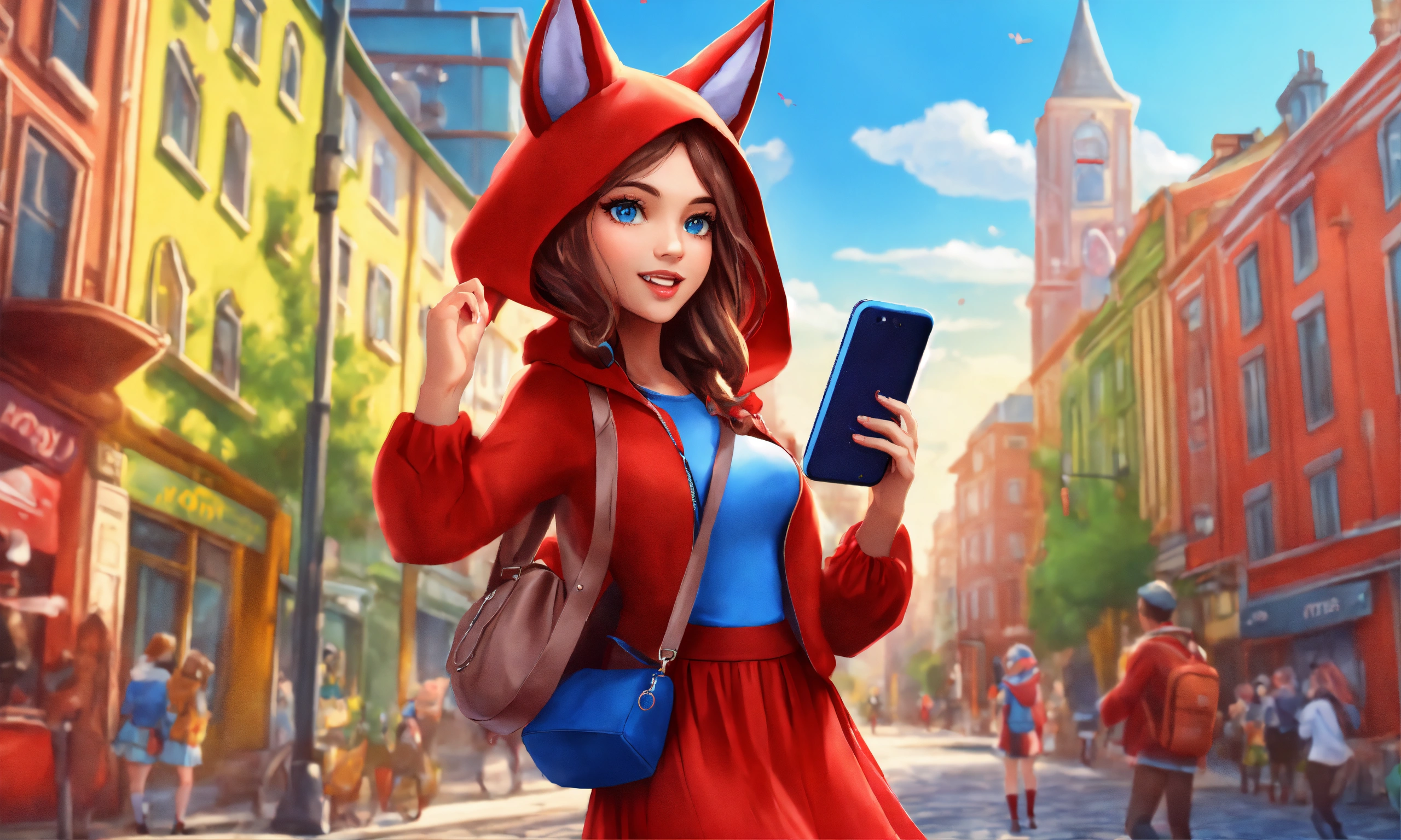 Lexica - Cartoons happy modern Red Riding Hood, wearing short blue ...