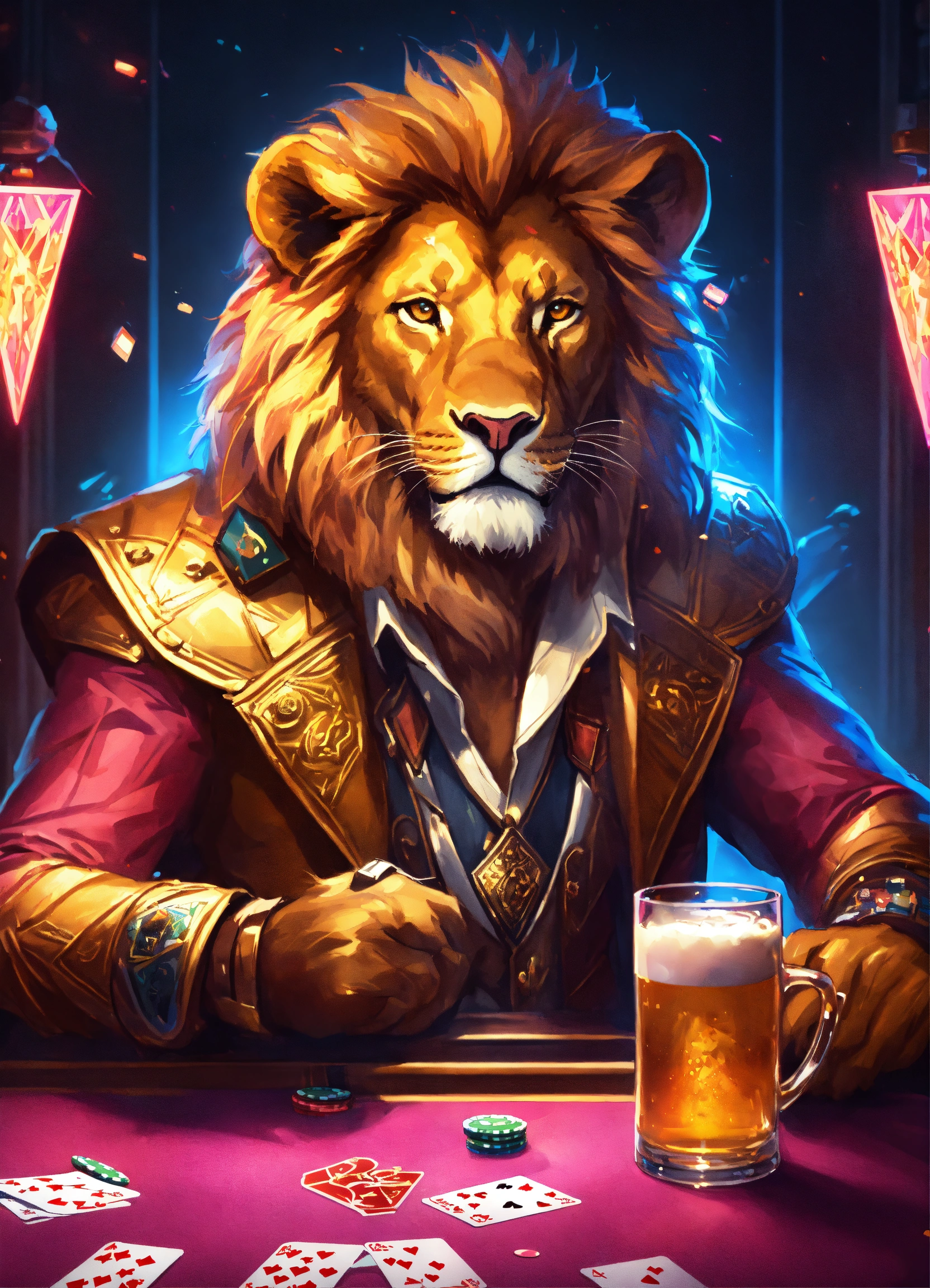 Lexica - Poker lion cowboy drinks beer at speckled pink cyber pyramid ...