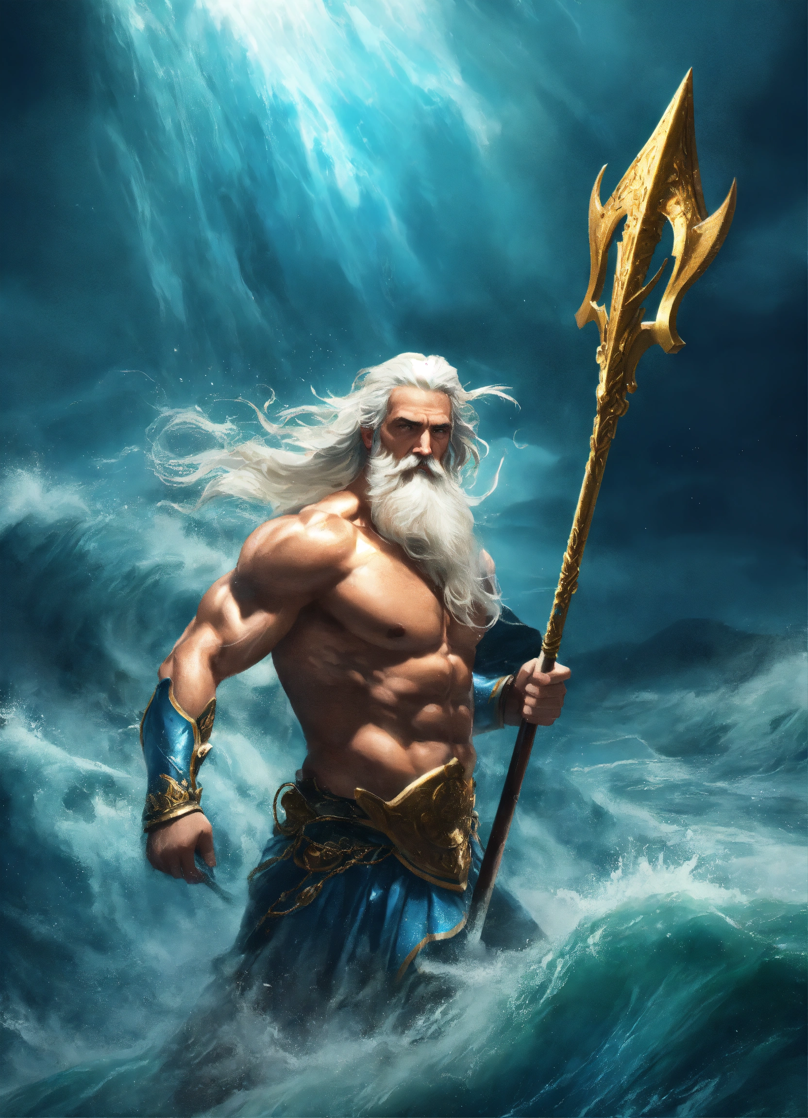 Lexica - God Poseidon emerging from a raging sea, ready to throw his ...