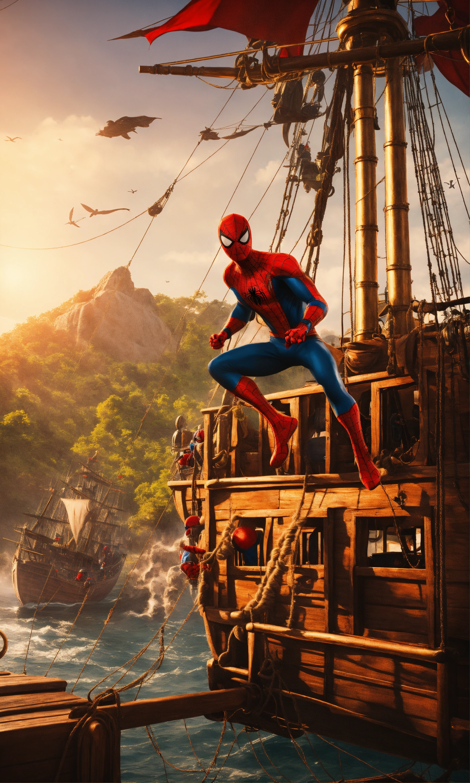 Lexica - Spiderman fighting with a lot of people on a Pirate Ship ...