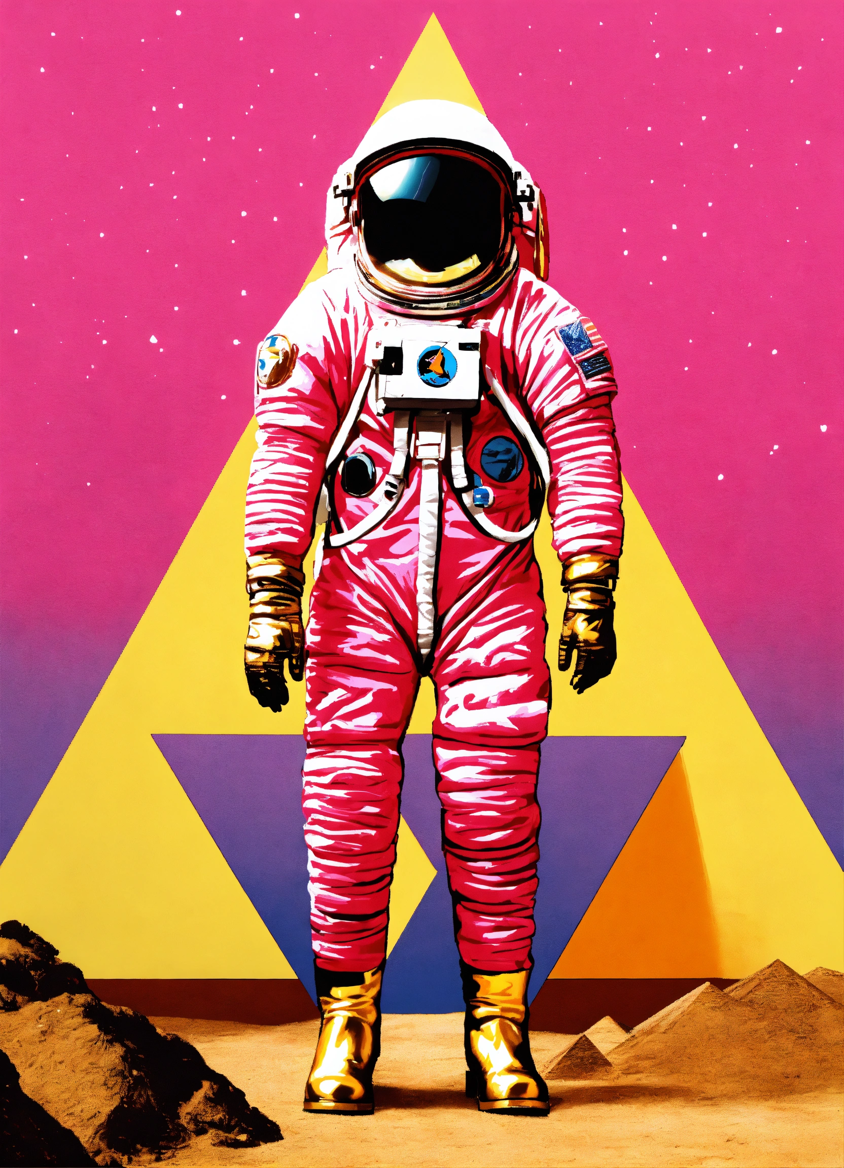 Lexica - An astronaut inside of the pyramid, a pink suit, gold boots ...