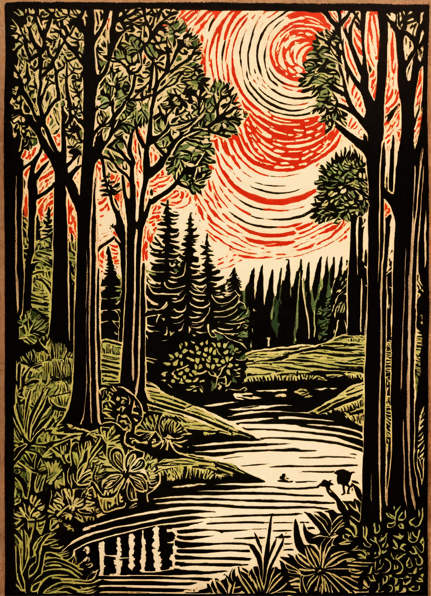 Lexica - Linocut art drawing forest scene folk art style inspired by ...