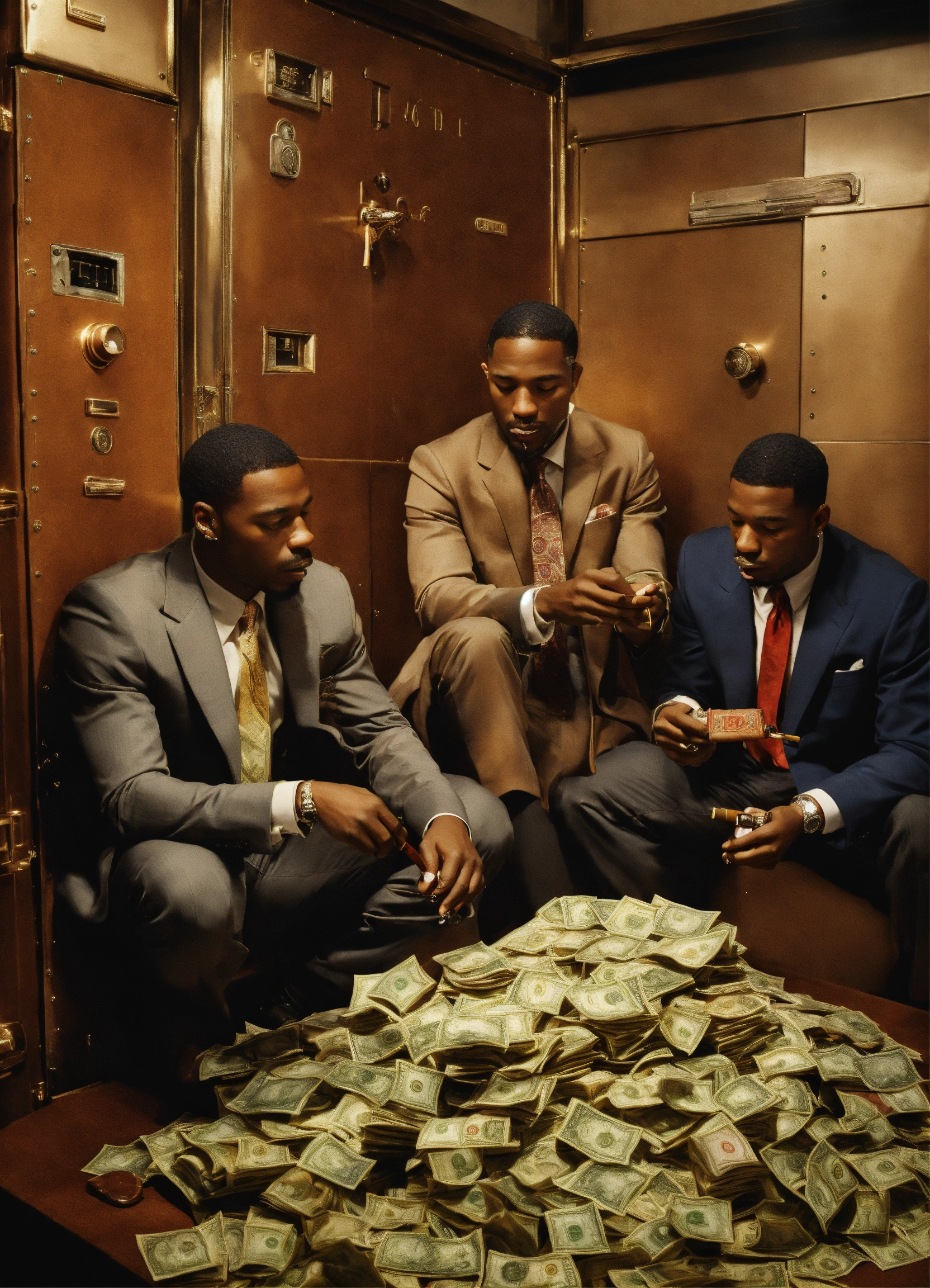 Lexica - Black Men counting money and smoking cigar inside a bank vault