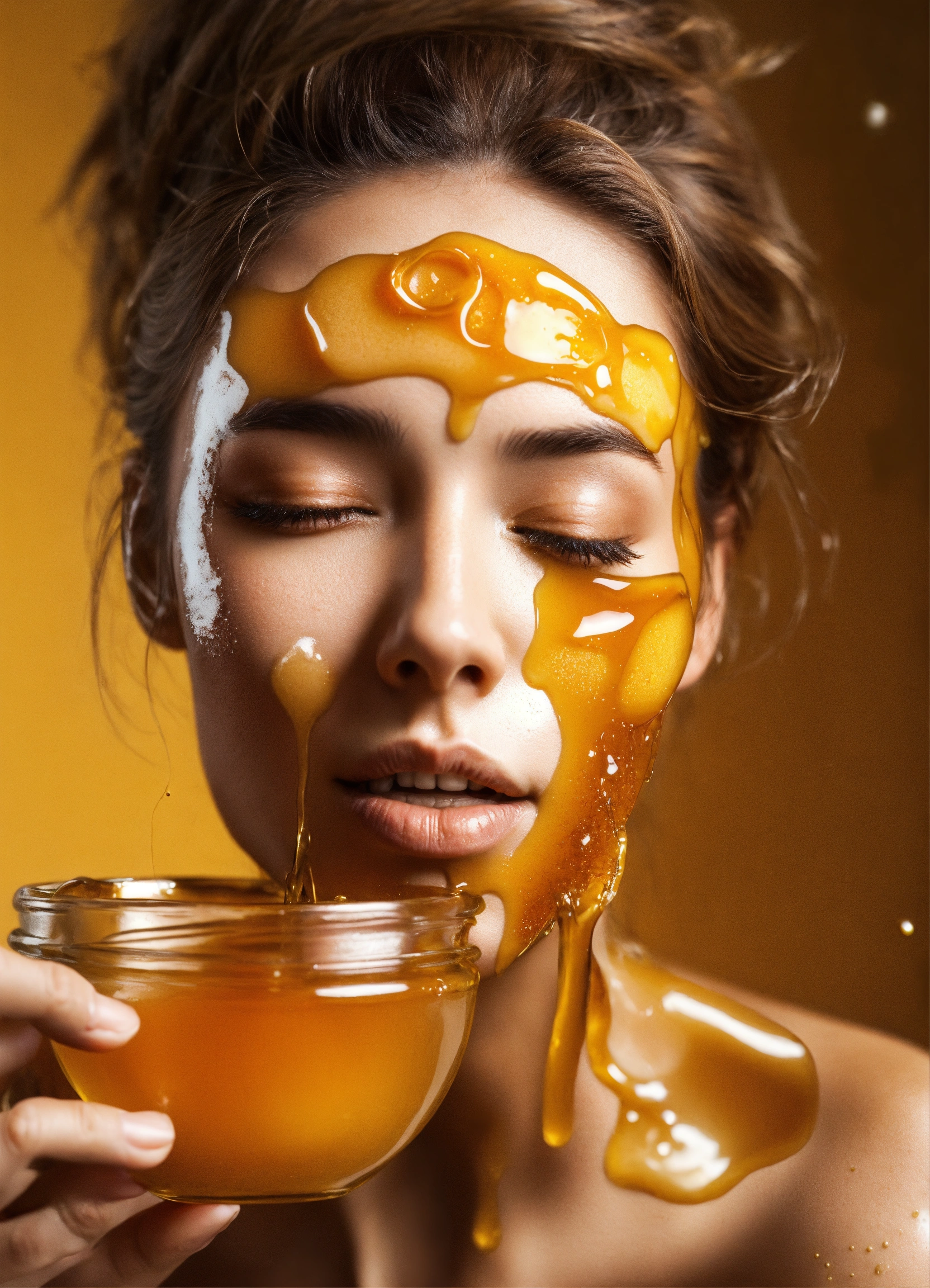 Lexica - Woman enjoying honey being poured on her face, hyper realistic