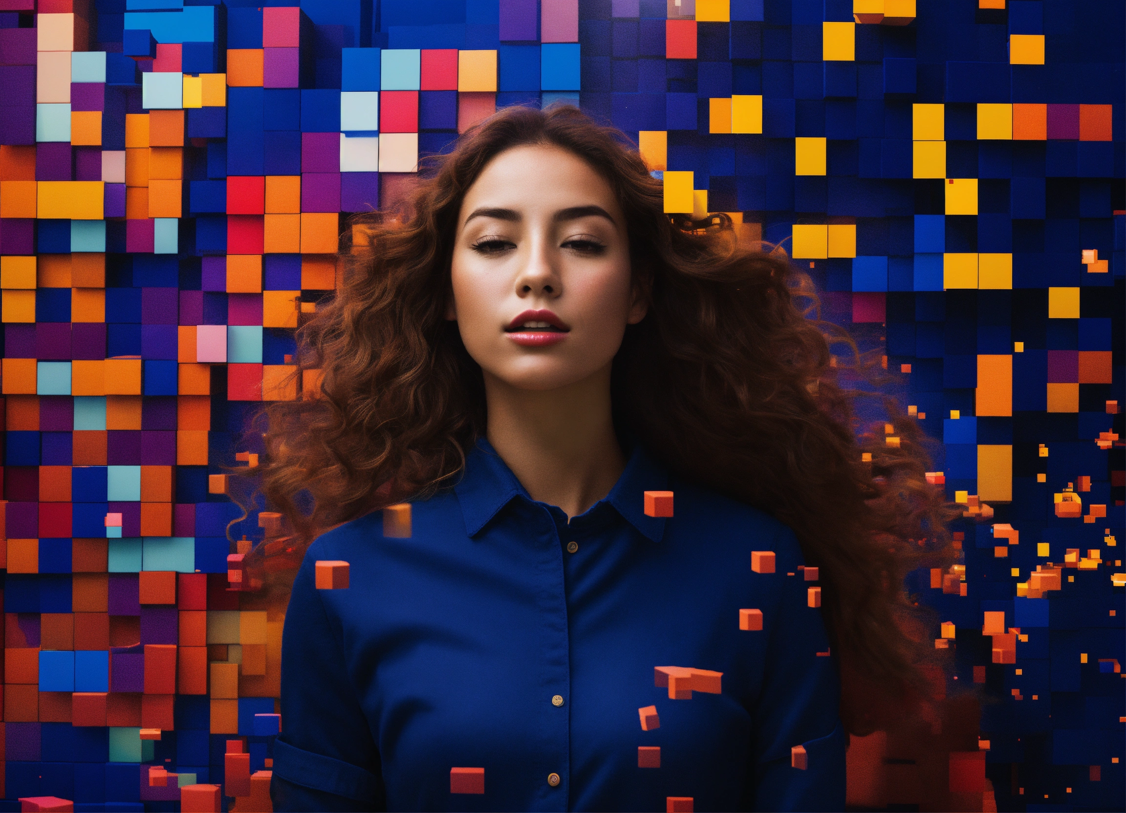 Lexica - A woman being pixelated and the pixels detaching from her and floating away