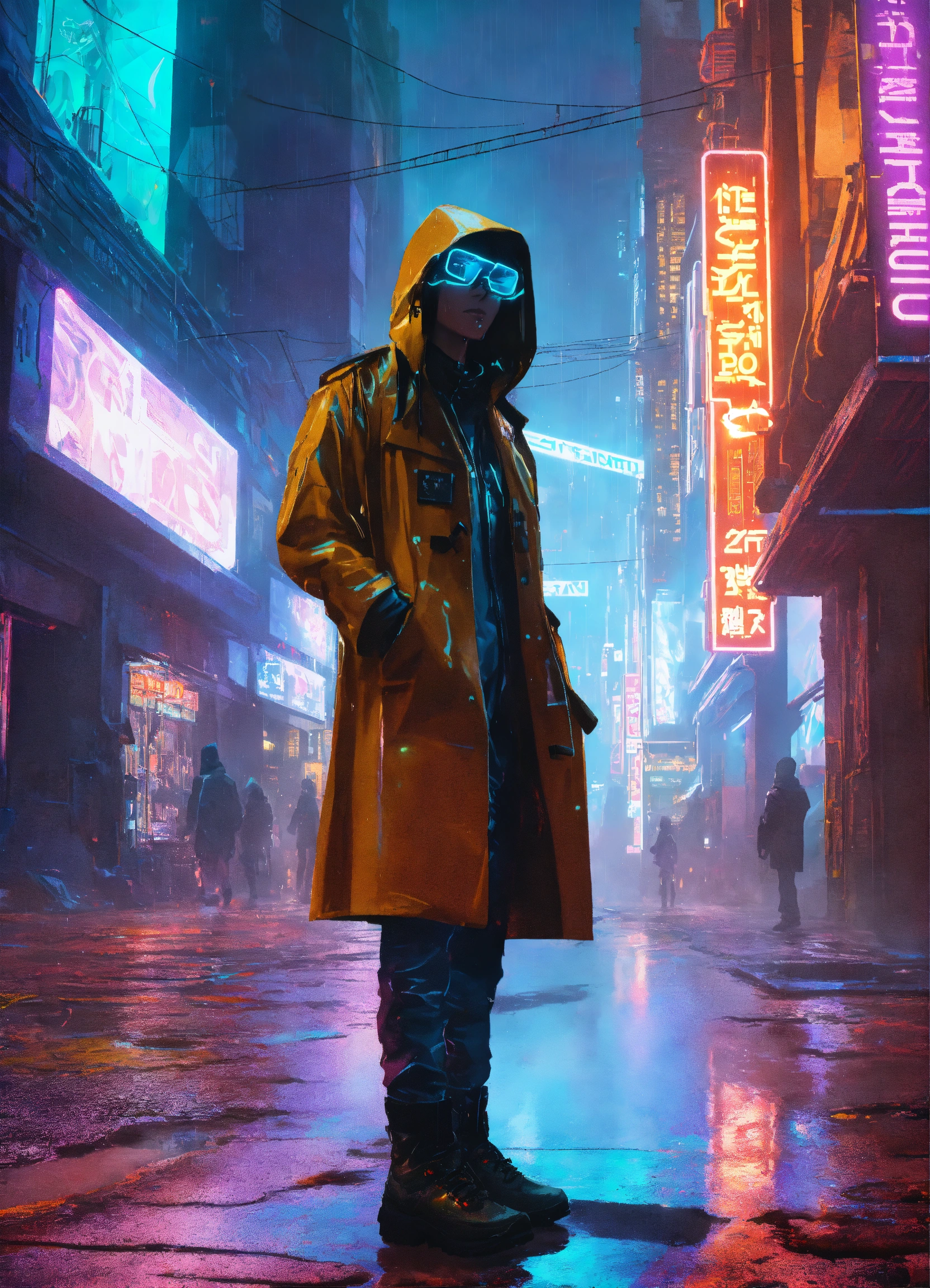 Lexica - A gritty cyberpunk alleyway, rain-soaked pavement, neon-lit ...