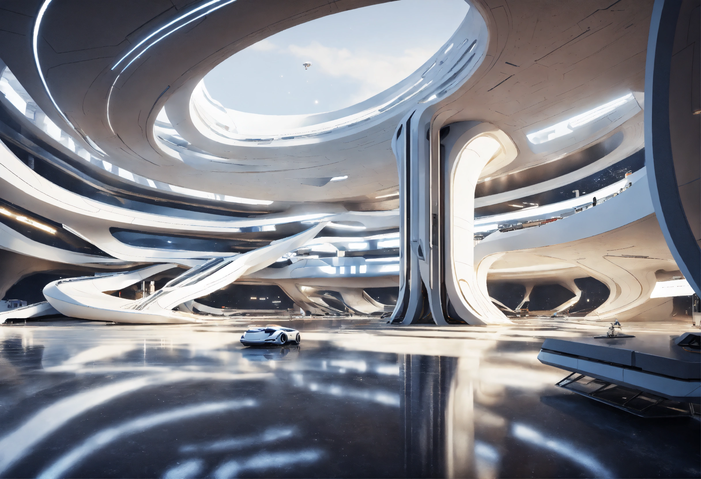 Lexica - Incredible modern white 360° spaceport orbiting in space, zaha ...