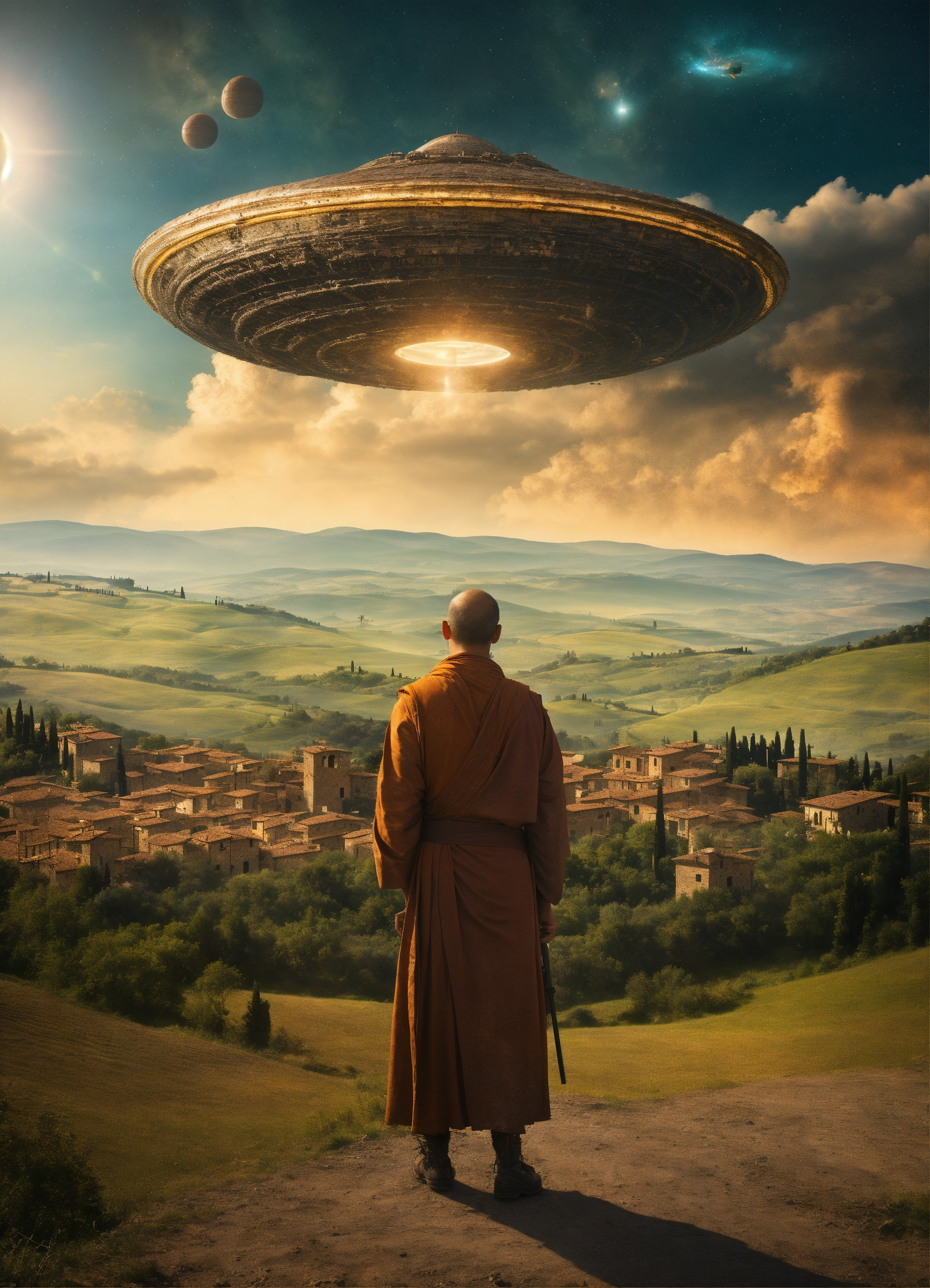 Lexica - Tuscany, alien spaceship above the sky, earth as a post ...