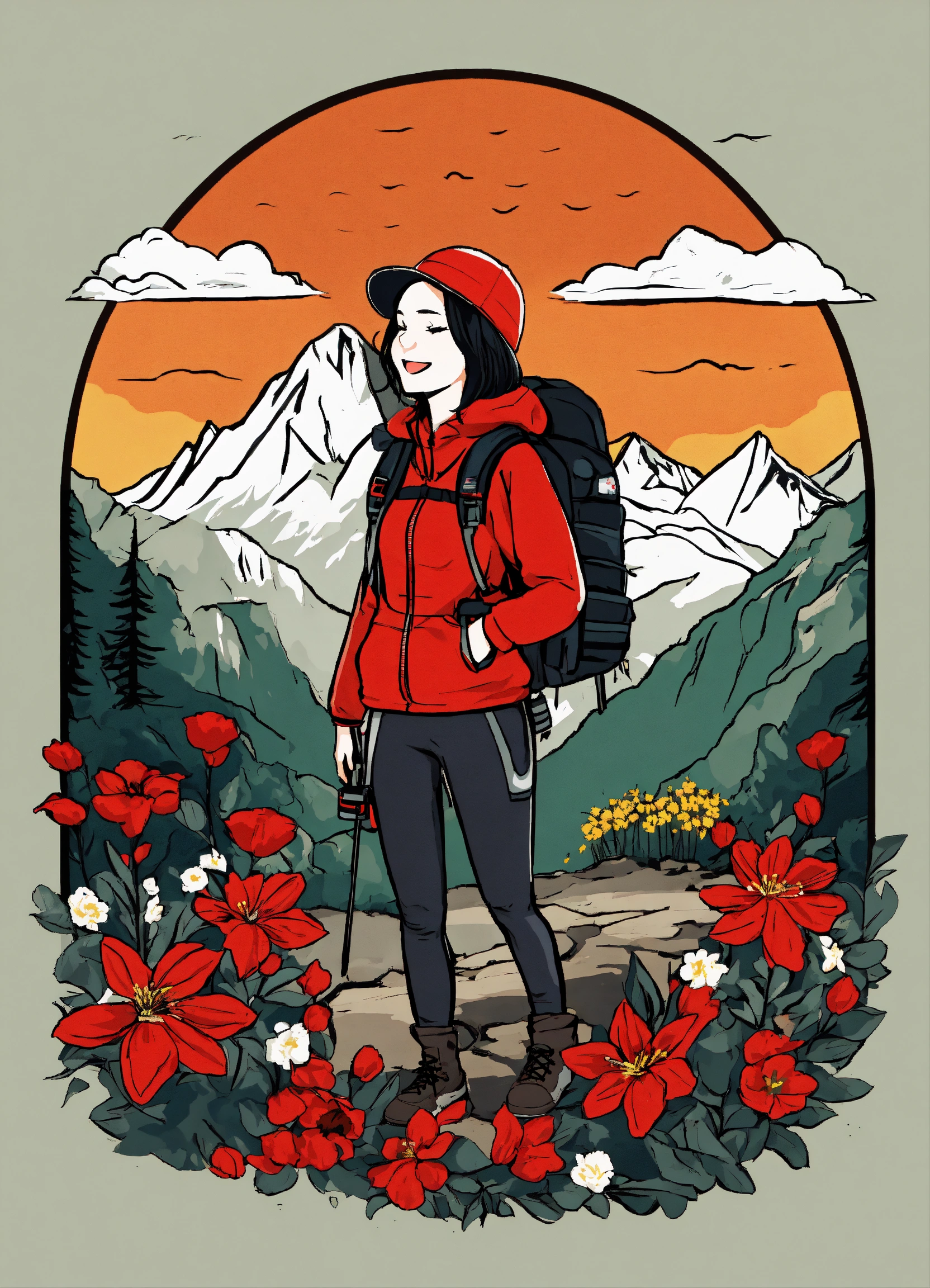 Lexica - Cute female hiker, with flowers and mountains, t-shirt design ...