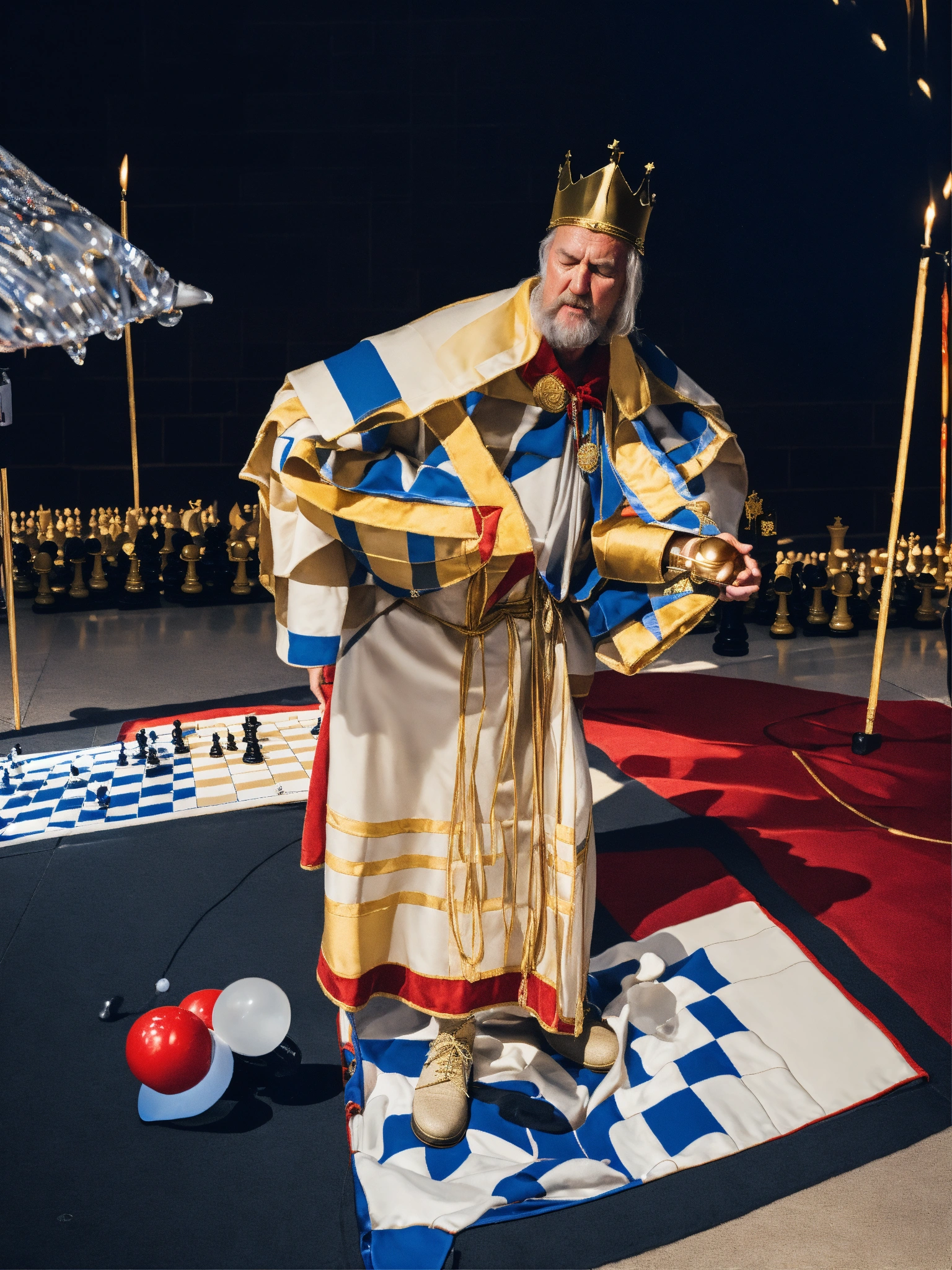 Lexica - Carl Magnusson dressed as a chess king stands on a chess ...