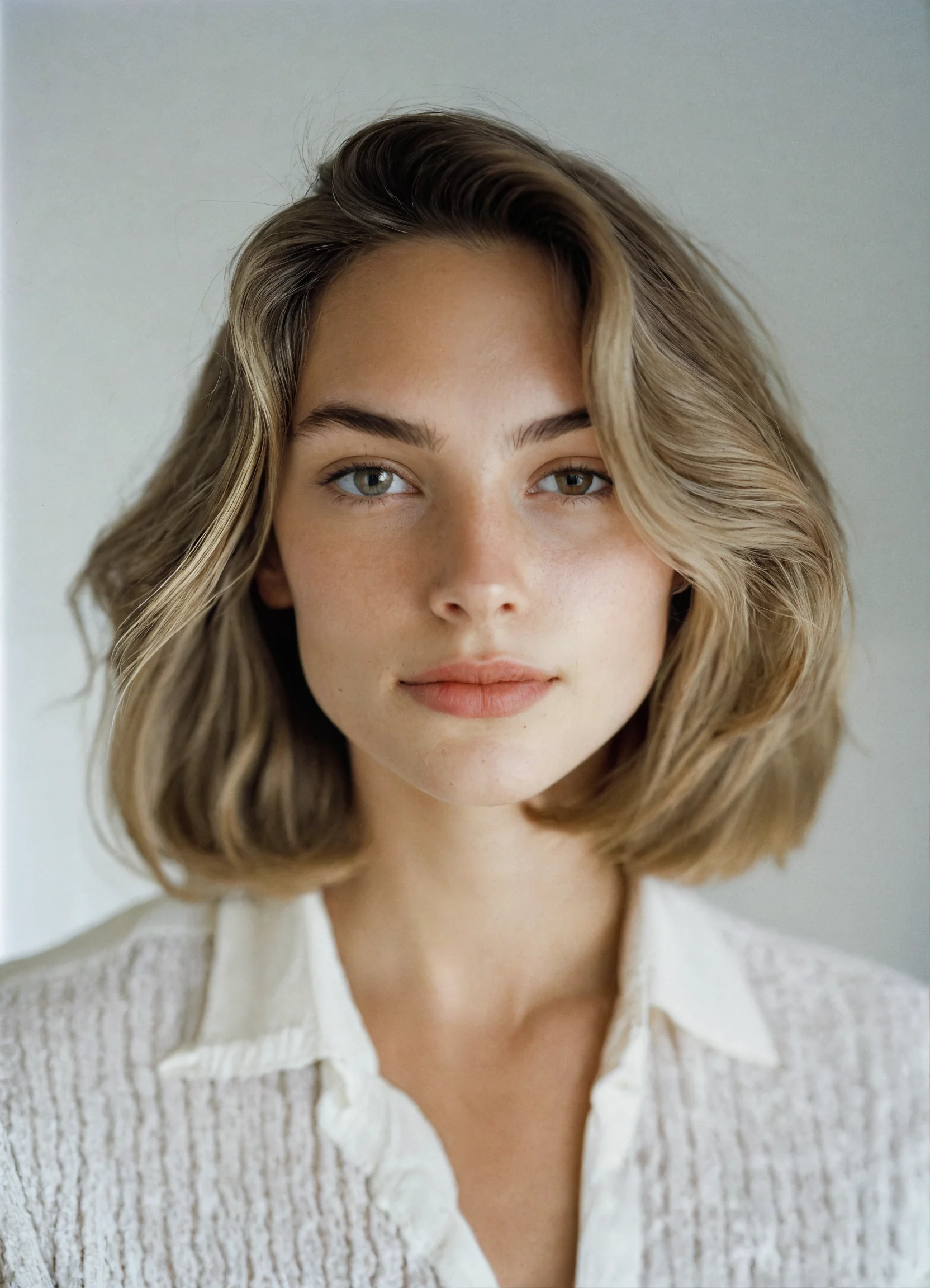 Lexica - Dark blonde female face seeable brows hazel eyes small lips ...