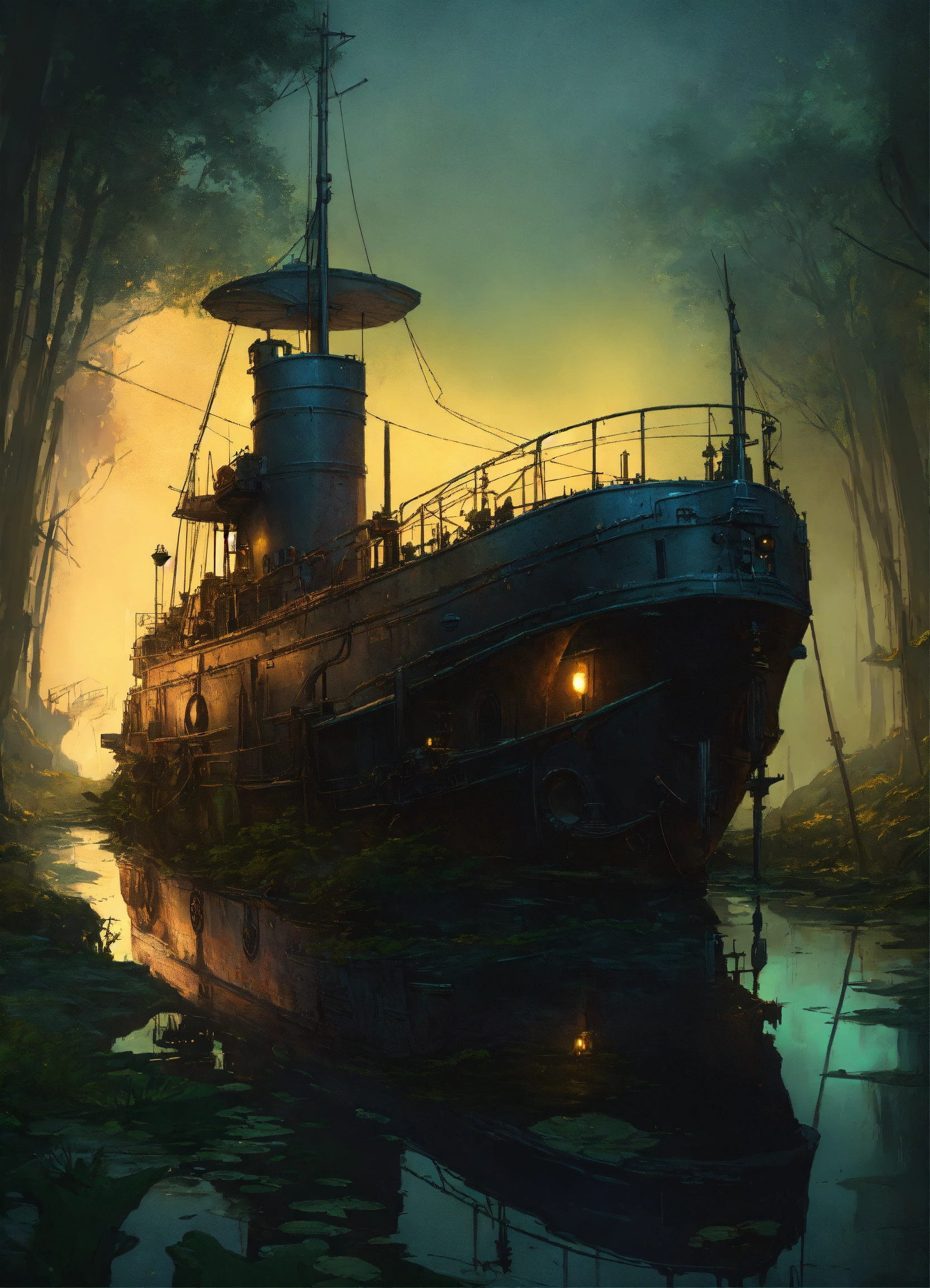 Lexica - Beached steampunk submarine shipwreck in swamp, dark ...
