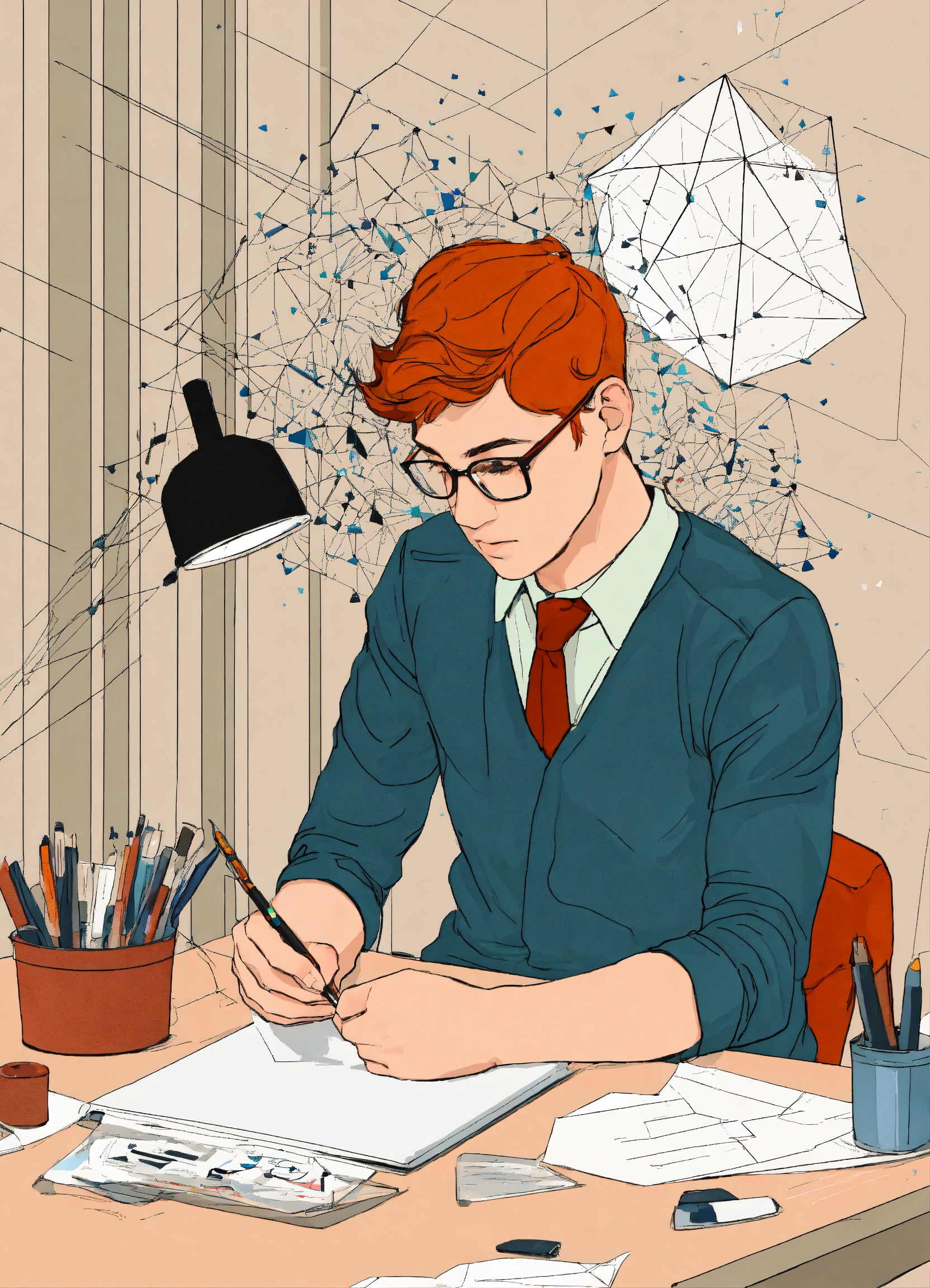 Lexica - Thoughts falling down into a man's head while he's sitting on a desk writing geometric ...