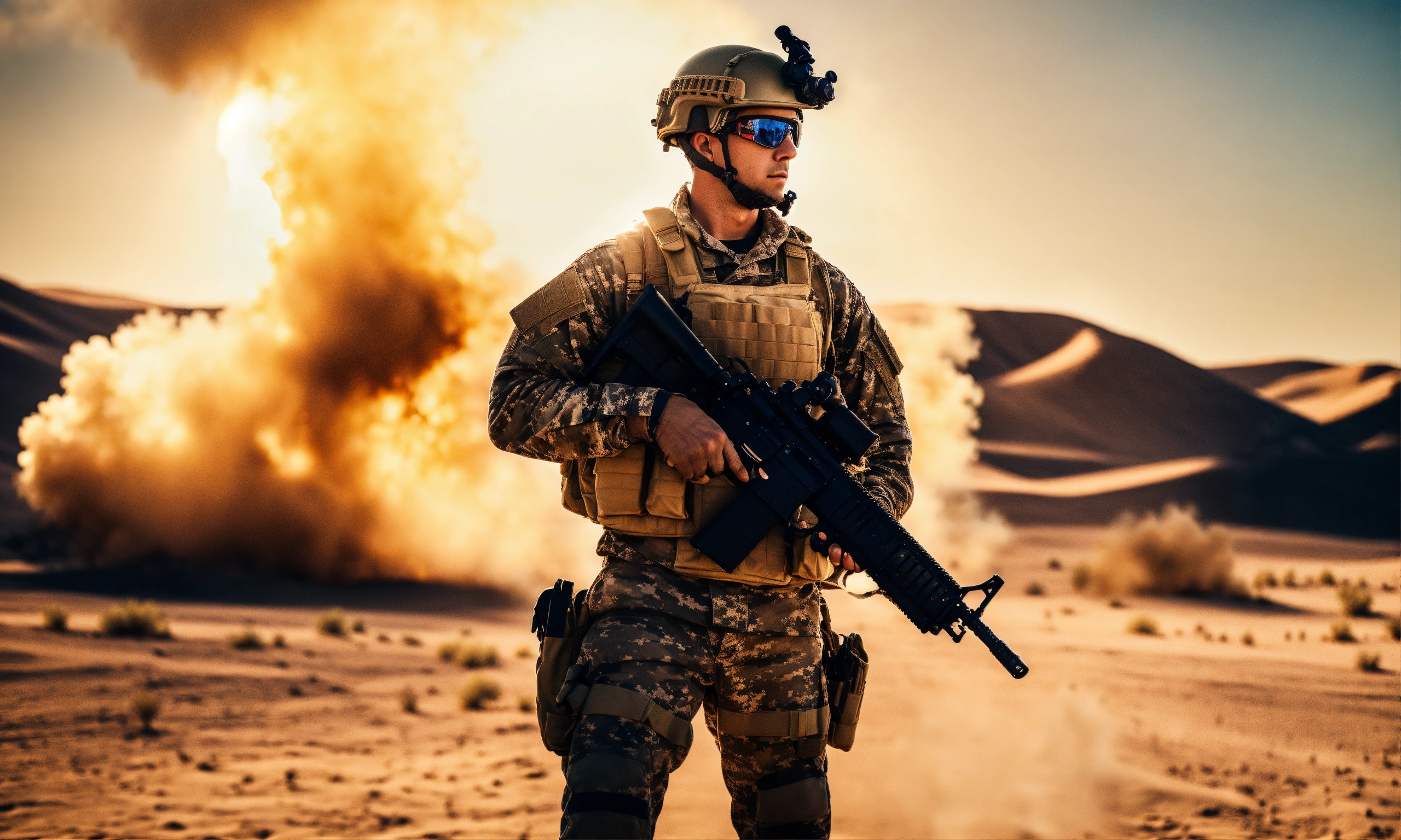 Lexica - Portrait of a lone solder with an AR-15 in the desert ...