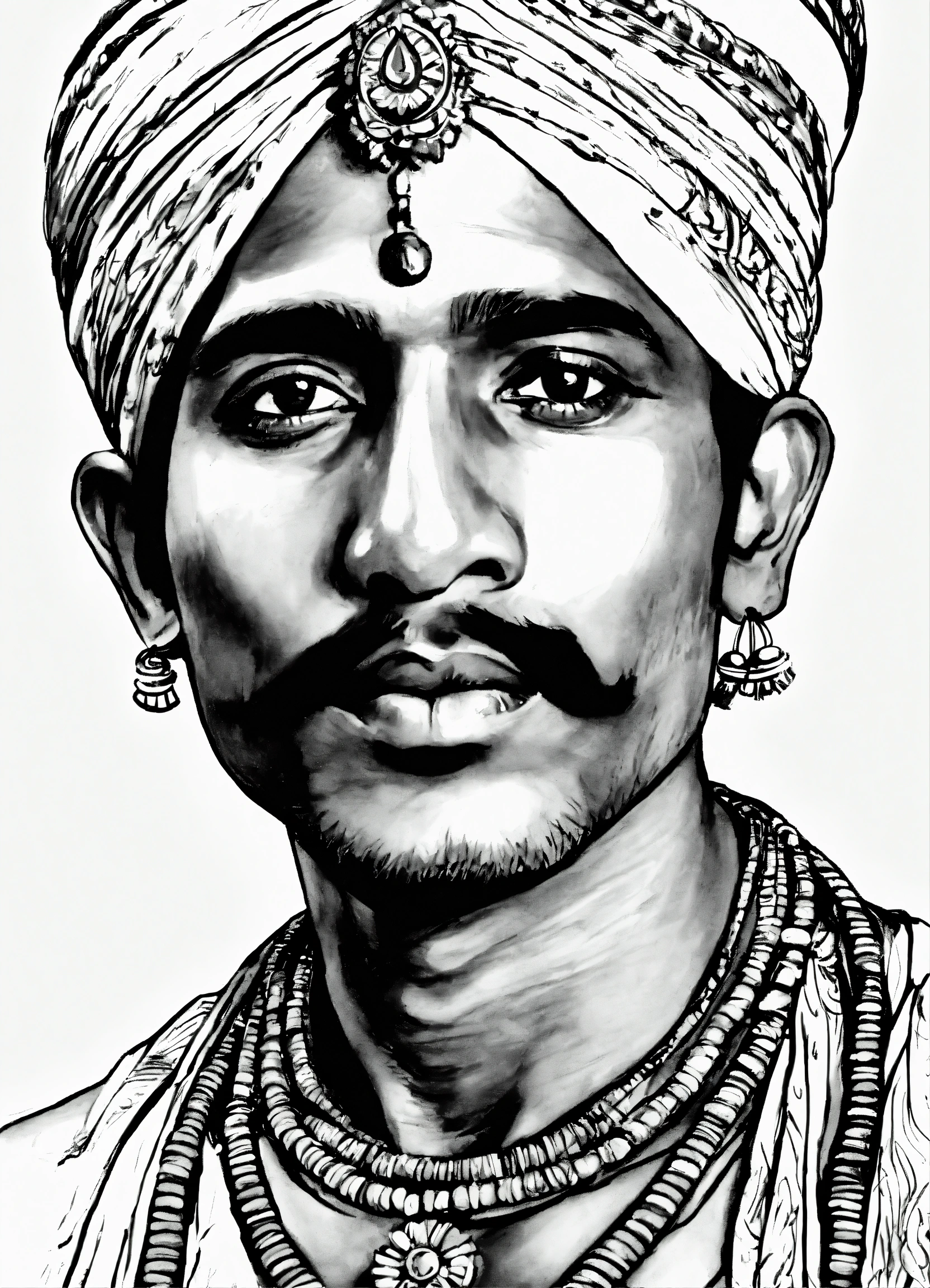 Lexica - Black and white line drawing of Indian man, upper body, white ...