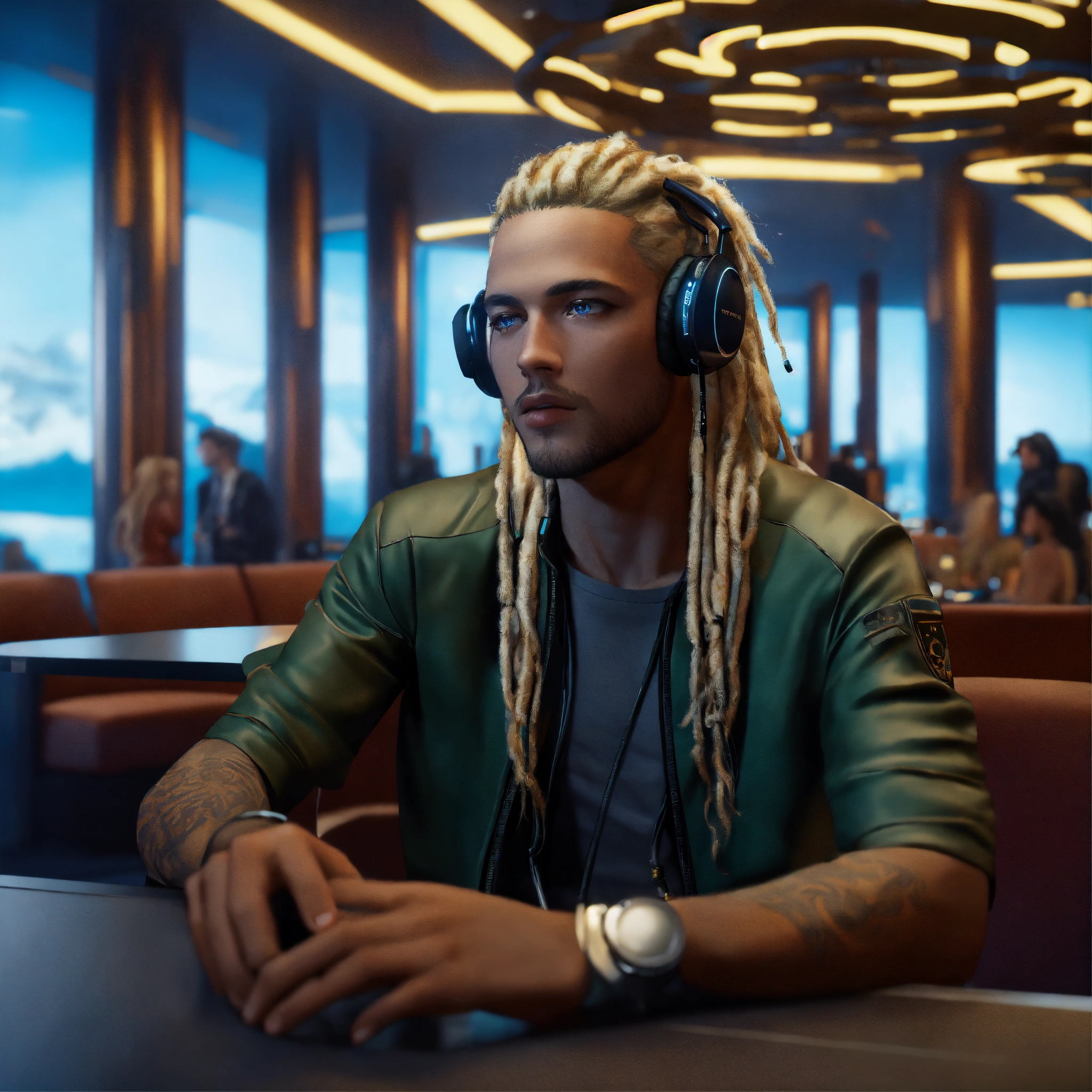 Lexica - Zoom out on a scruffy blonde dreadlock male rockstar wearing ...