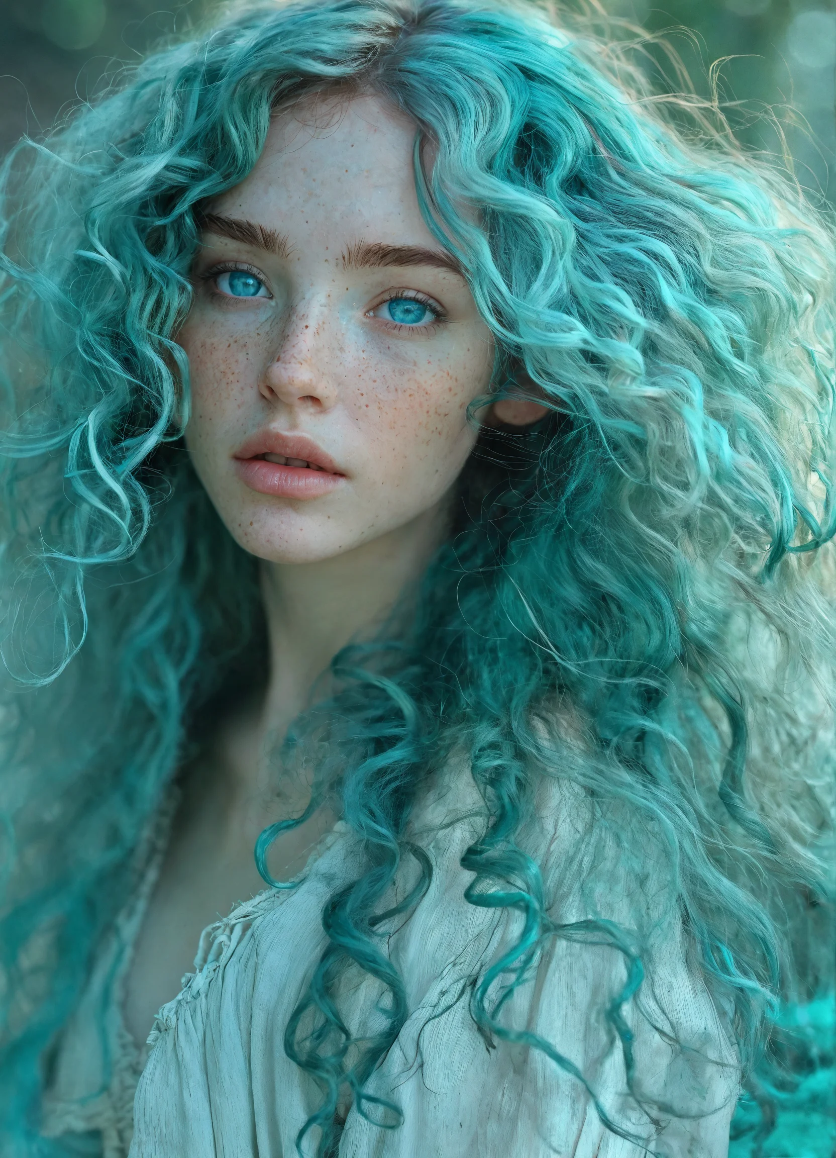 Lexica - Long teal curly hair, young white woman, blue eyes, Shabby ...