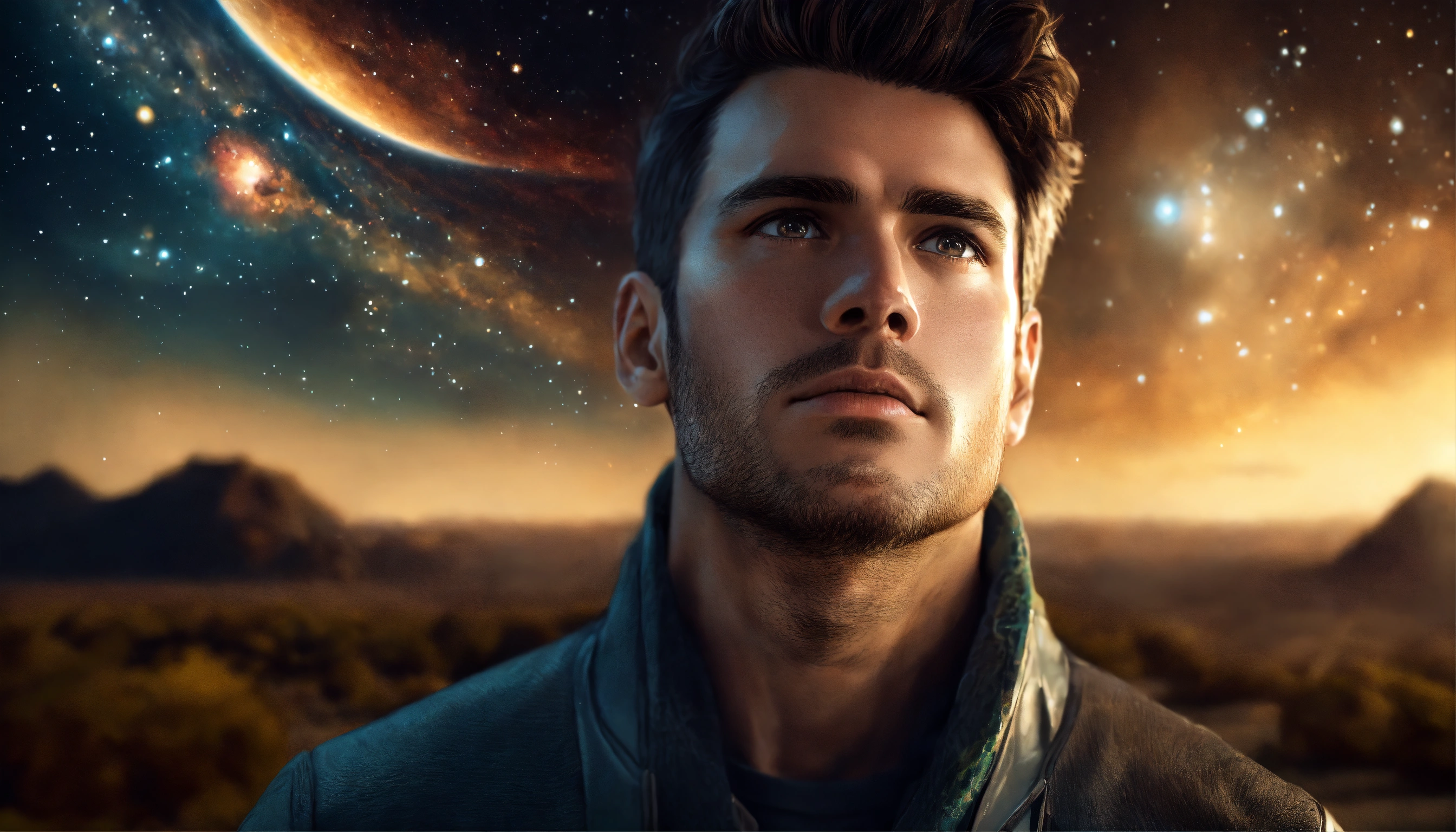 Lexica - Handsome man, looking up at the universe in the background, 4k ...