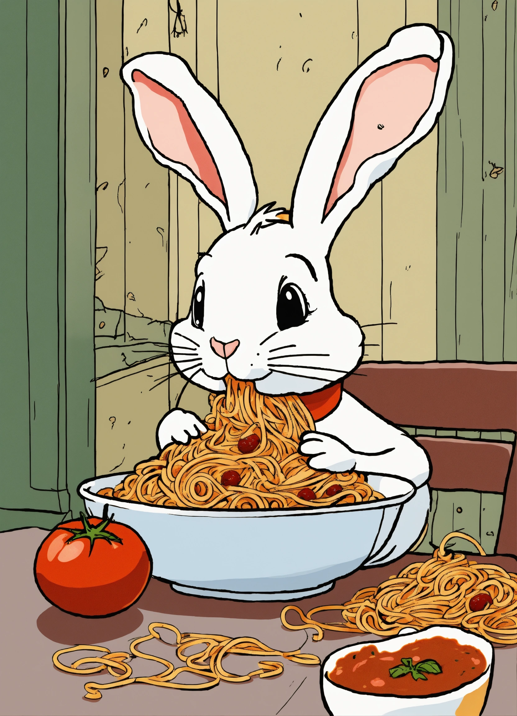 Lexica - A cute white with brown spots rabbit eating messy spaghetti ...