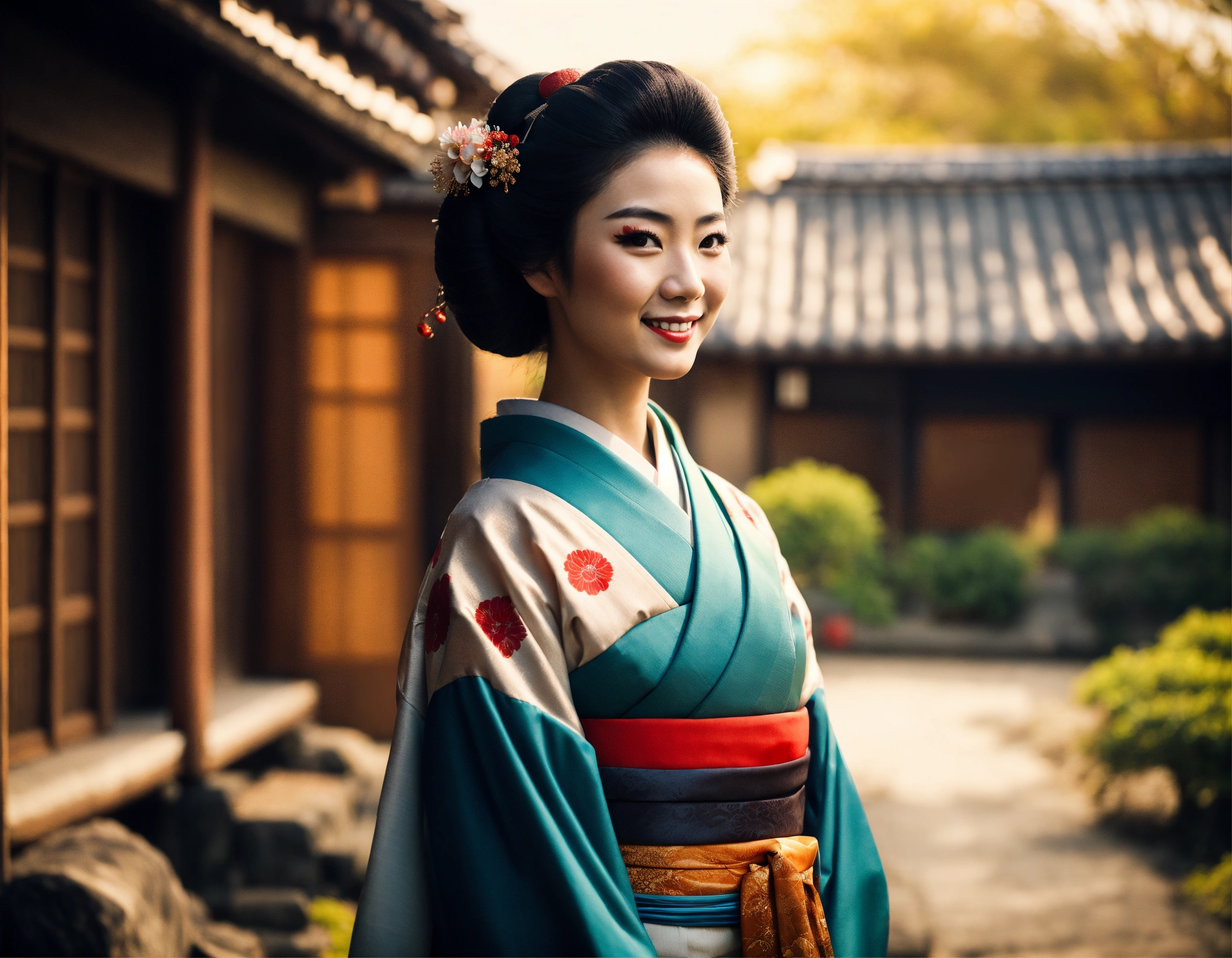 Lexica - Realistic, a gorgeous smiling female geisha standing in front ...