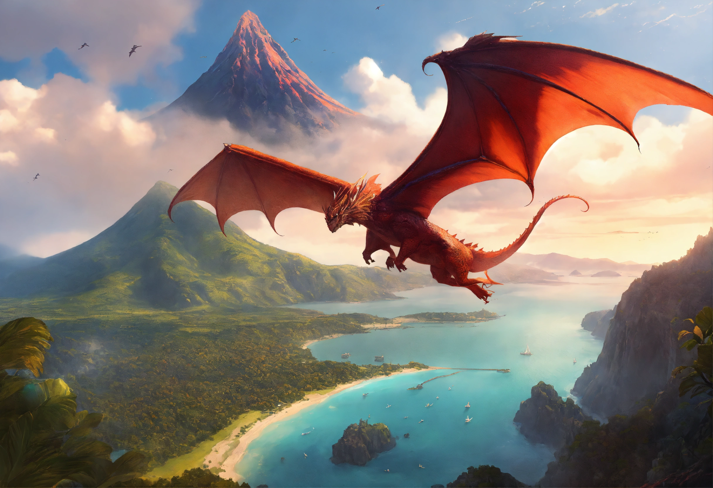 Lexica - Distant Wyvern flying over dormant vulcano and forested island ...