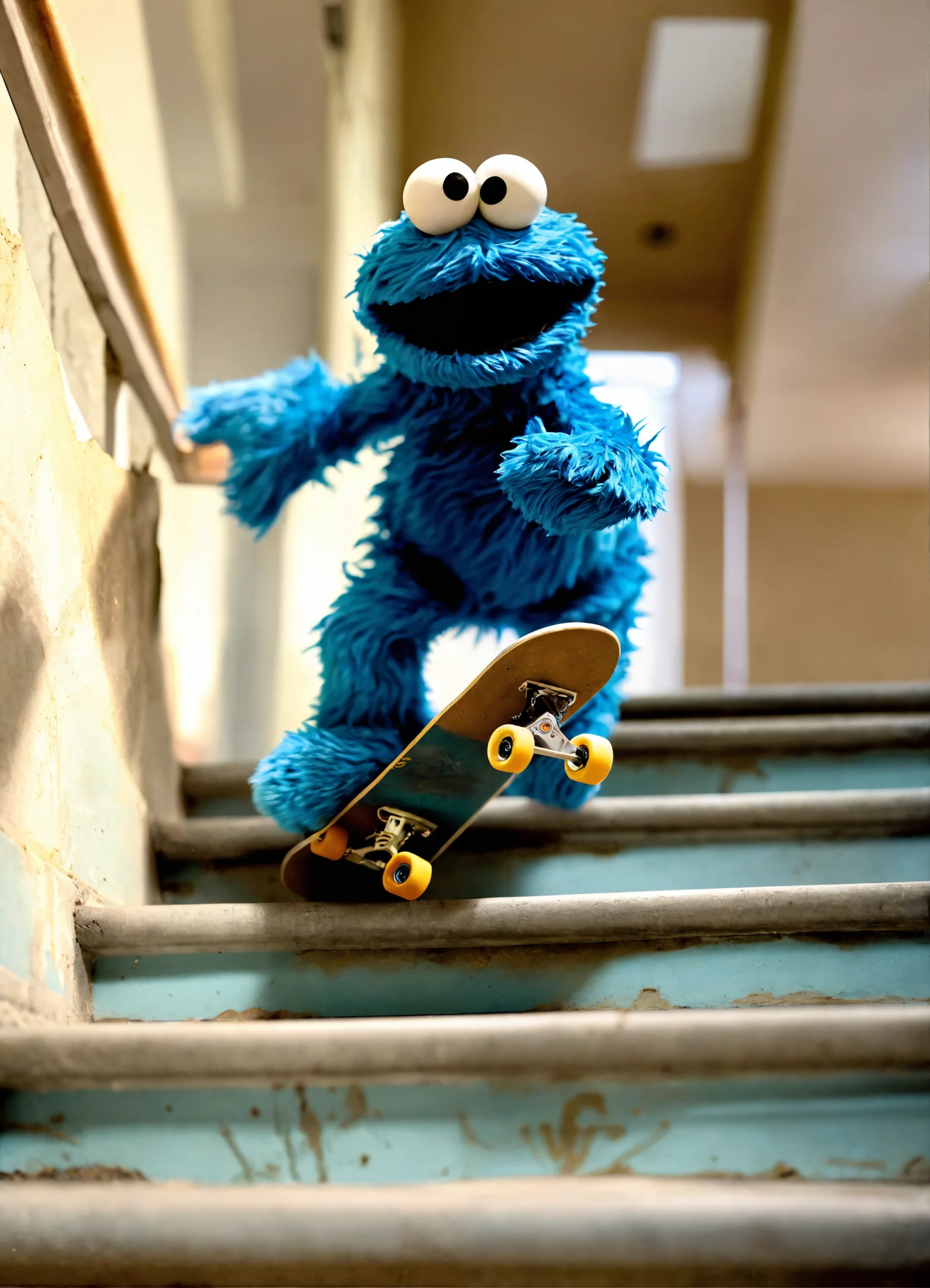 Lexica - Cookie monster doing a skateboard air trick down a staircase