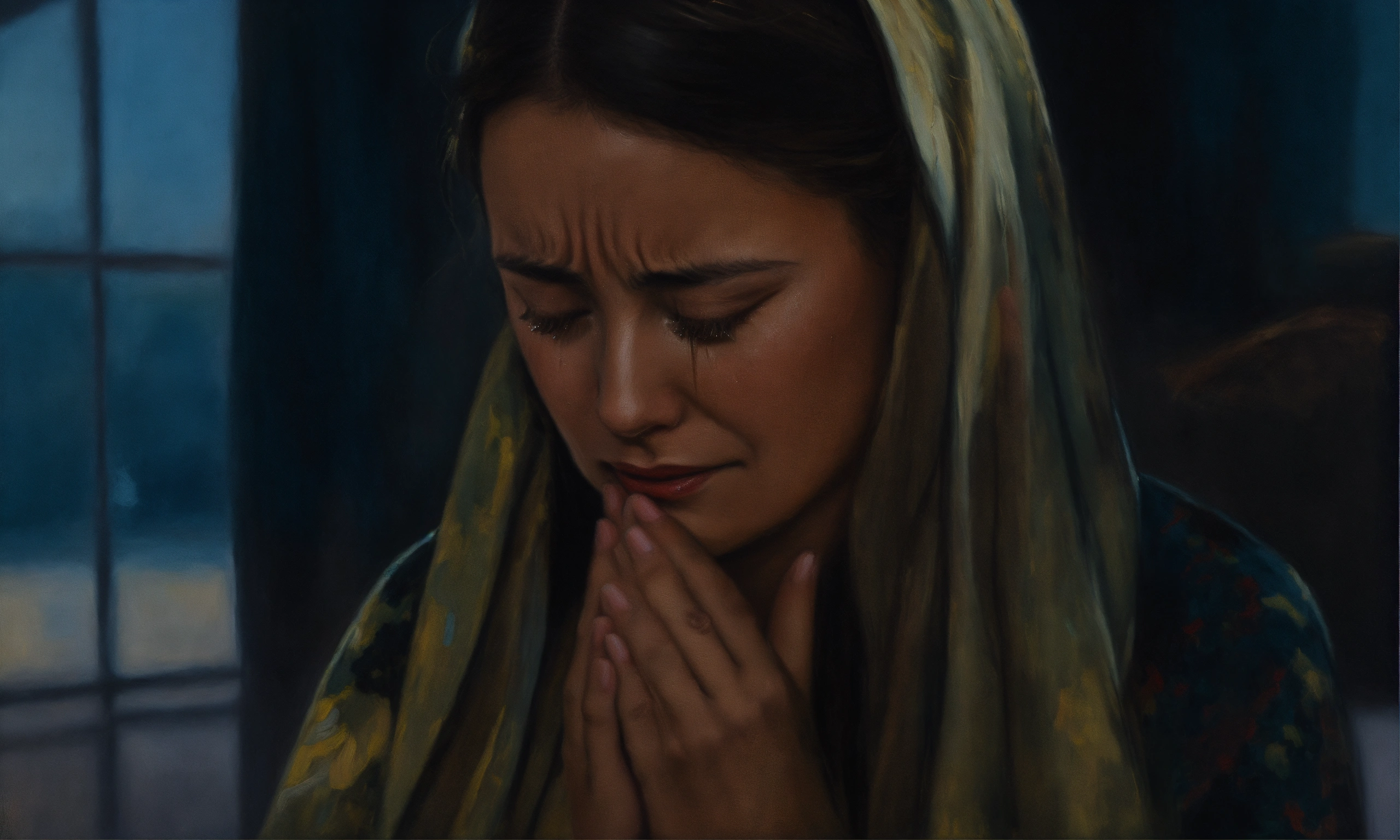 Lexica - Oil painting of a woman crying while praying