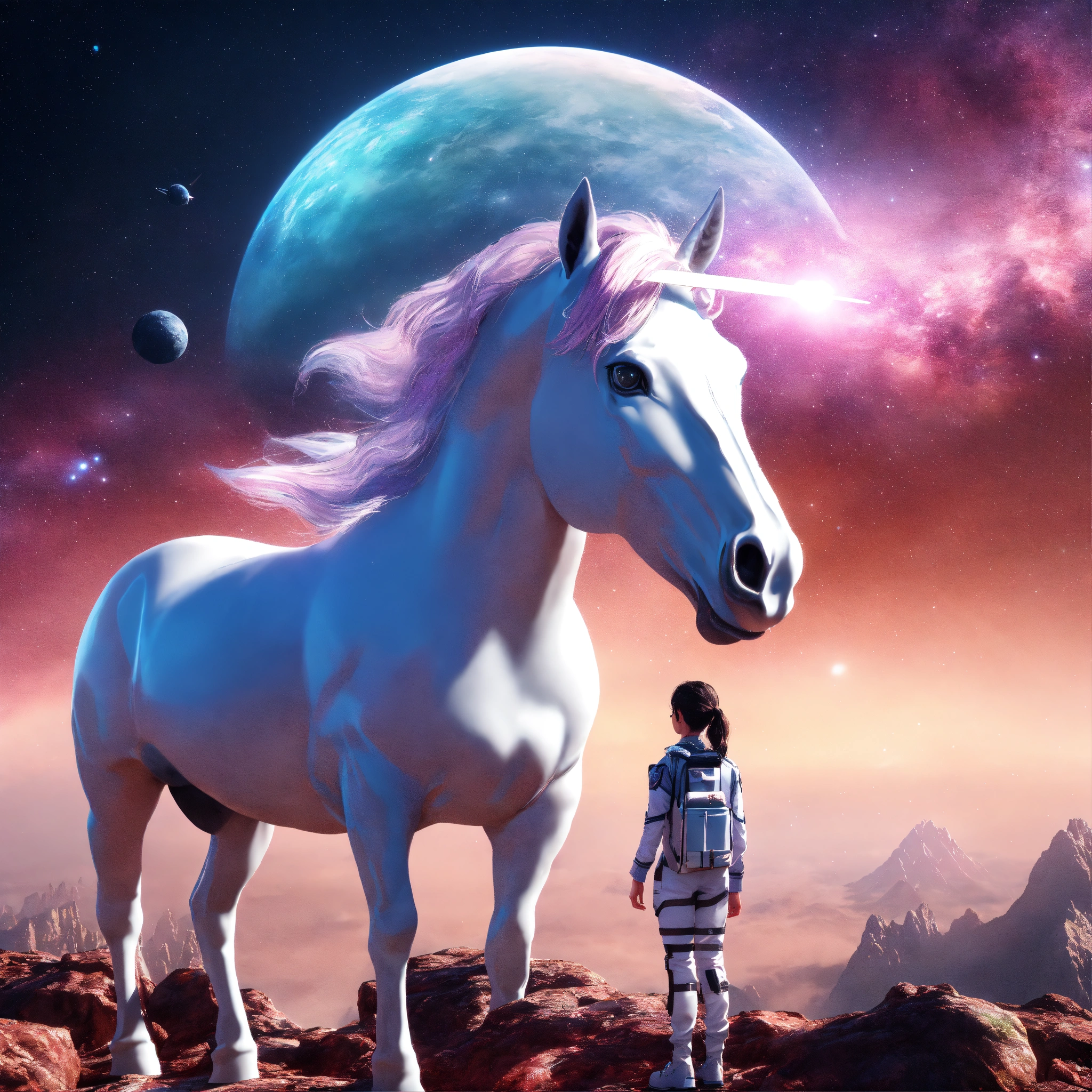 Lexica - Text two Unicorn white and young woman, mountain nebula ...