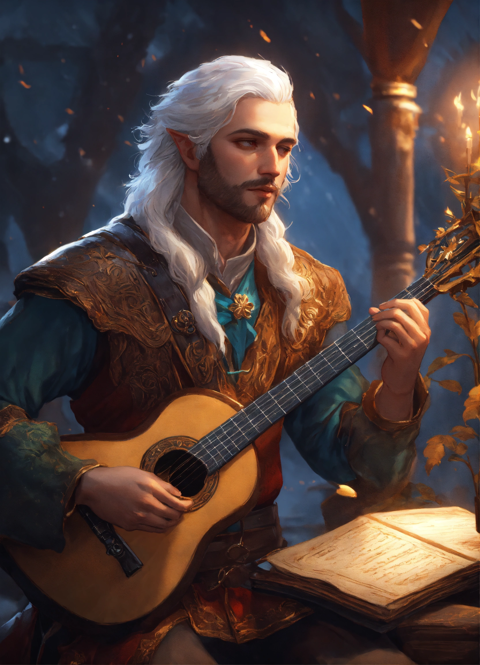 Lexica - Eladrin white hair and stubble male bard winter. holding lute ...