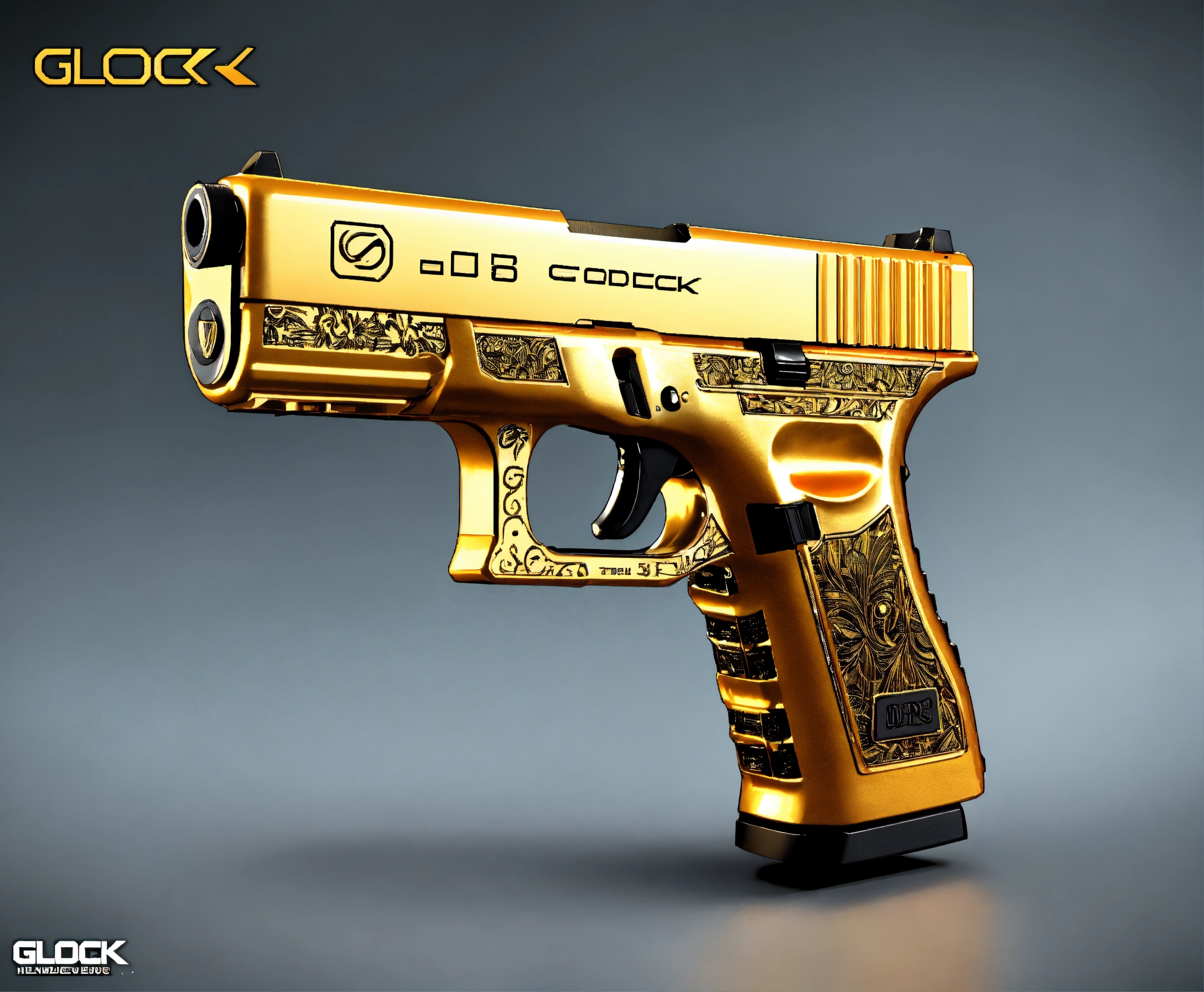 Lexica - (SIDE-VIEW) golden, glock, intricate design, 128K, UNREAL ENGINE