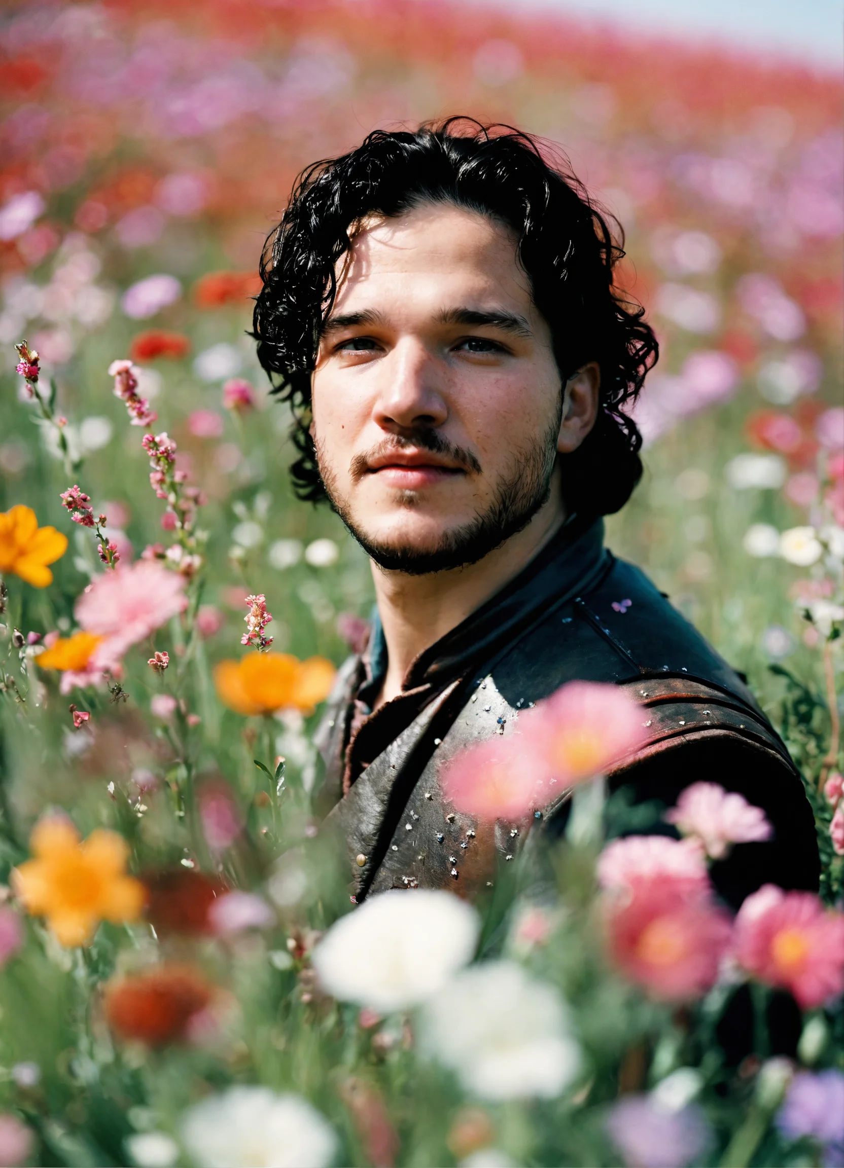 Lexica - Happy Jon Snow standing in a beautiful field of flowers ...