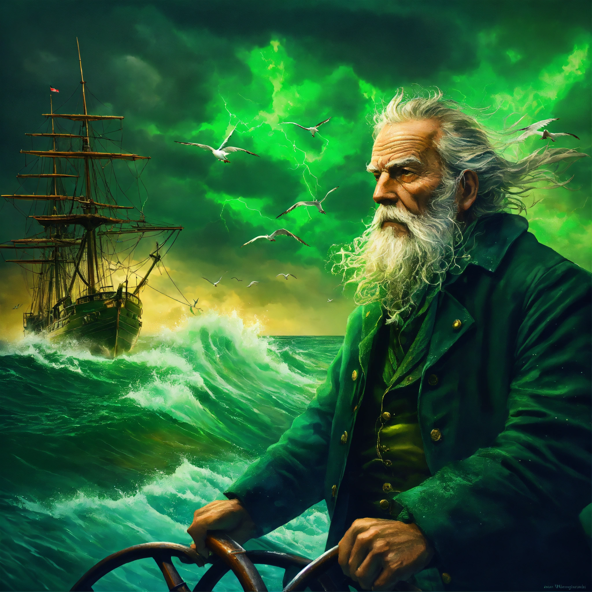 Lexica - Determined old sea captain, weathered face, steering his ship ...