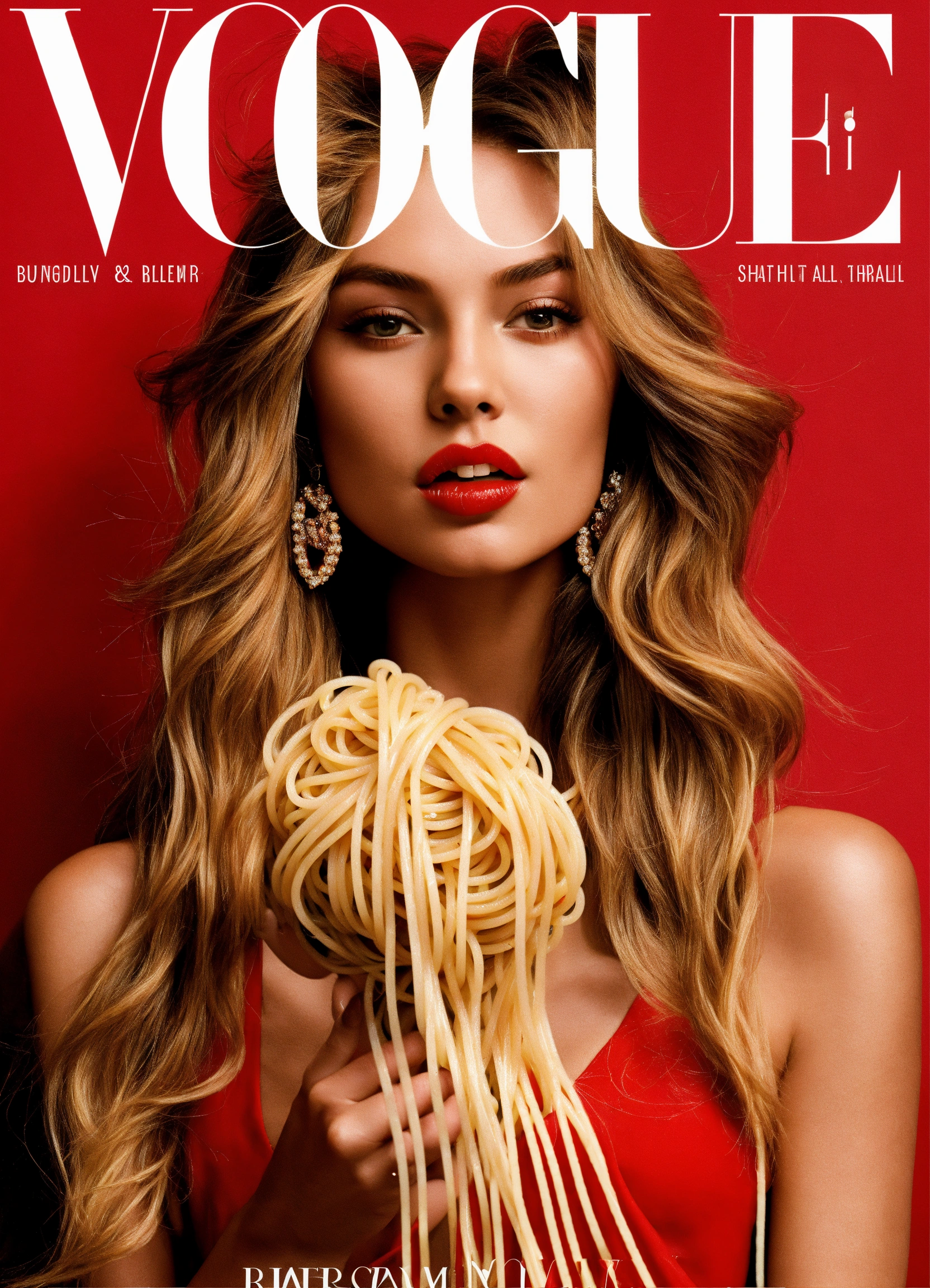 Lexica - Supermodel spaghetti hair, eating a meatball, cover of vogue