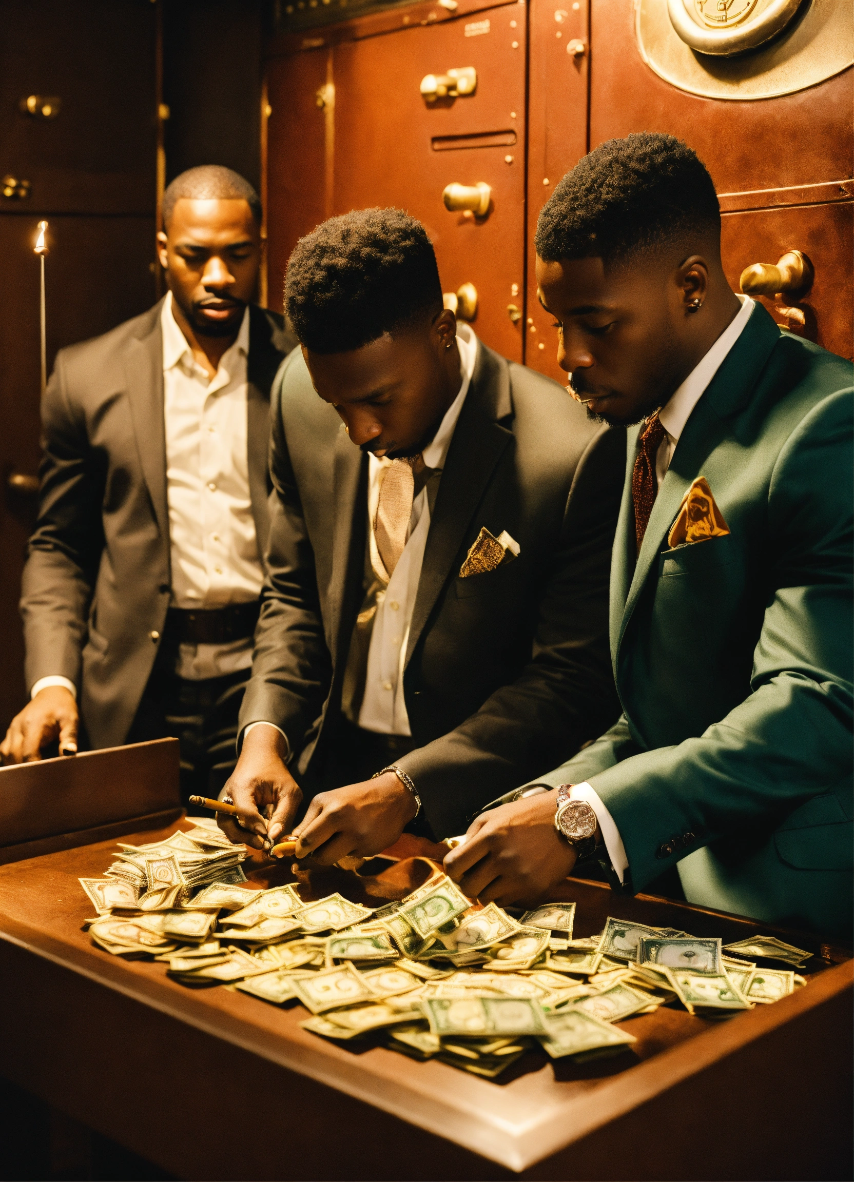 Lexica - Black Men counting money and smoking cigar inside a bank vault