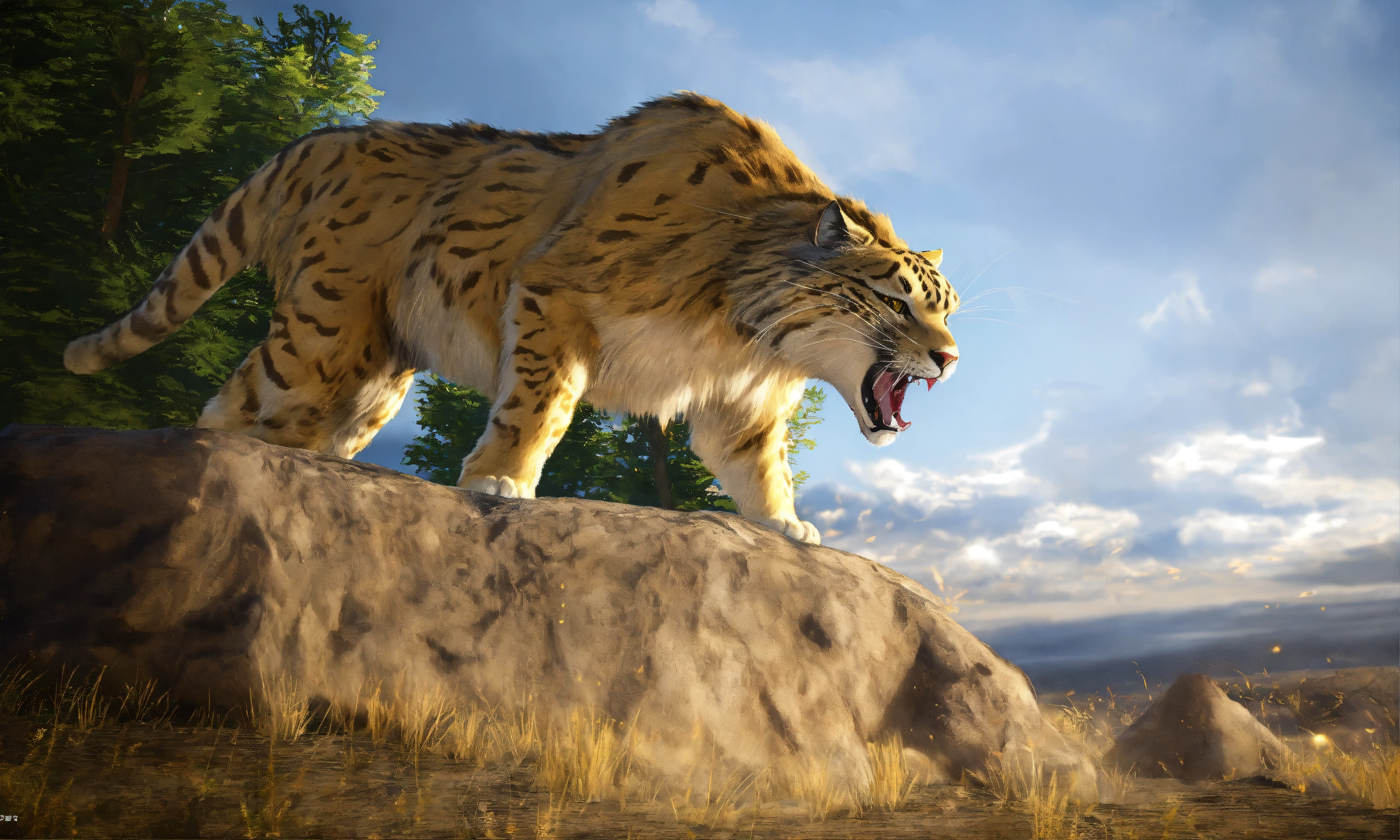 Lexica - Sabertooth cat Attacking with long canines, photorealistic