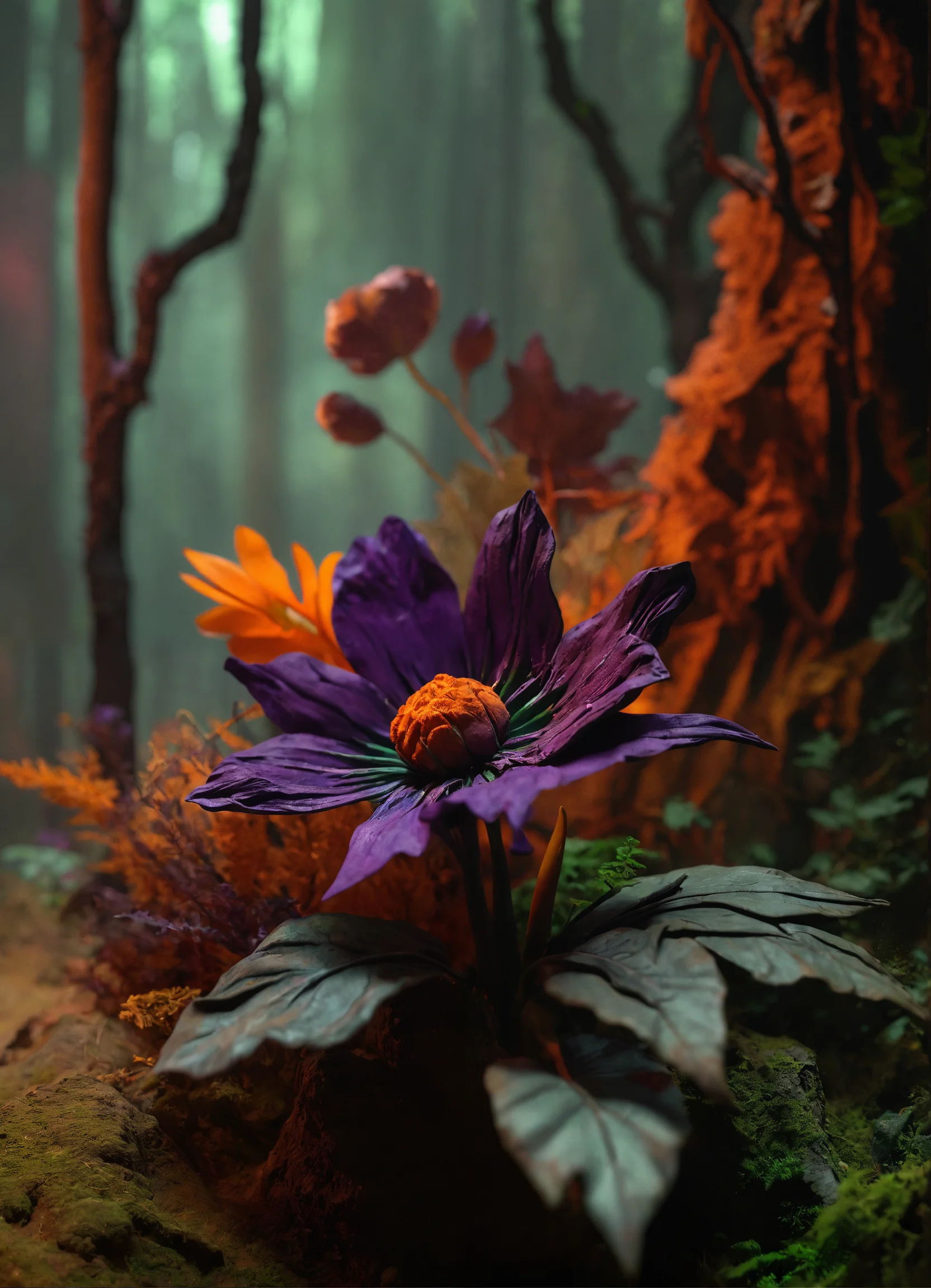 Lexica - A beautiful purple flower in a dark forest, in the style of ...