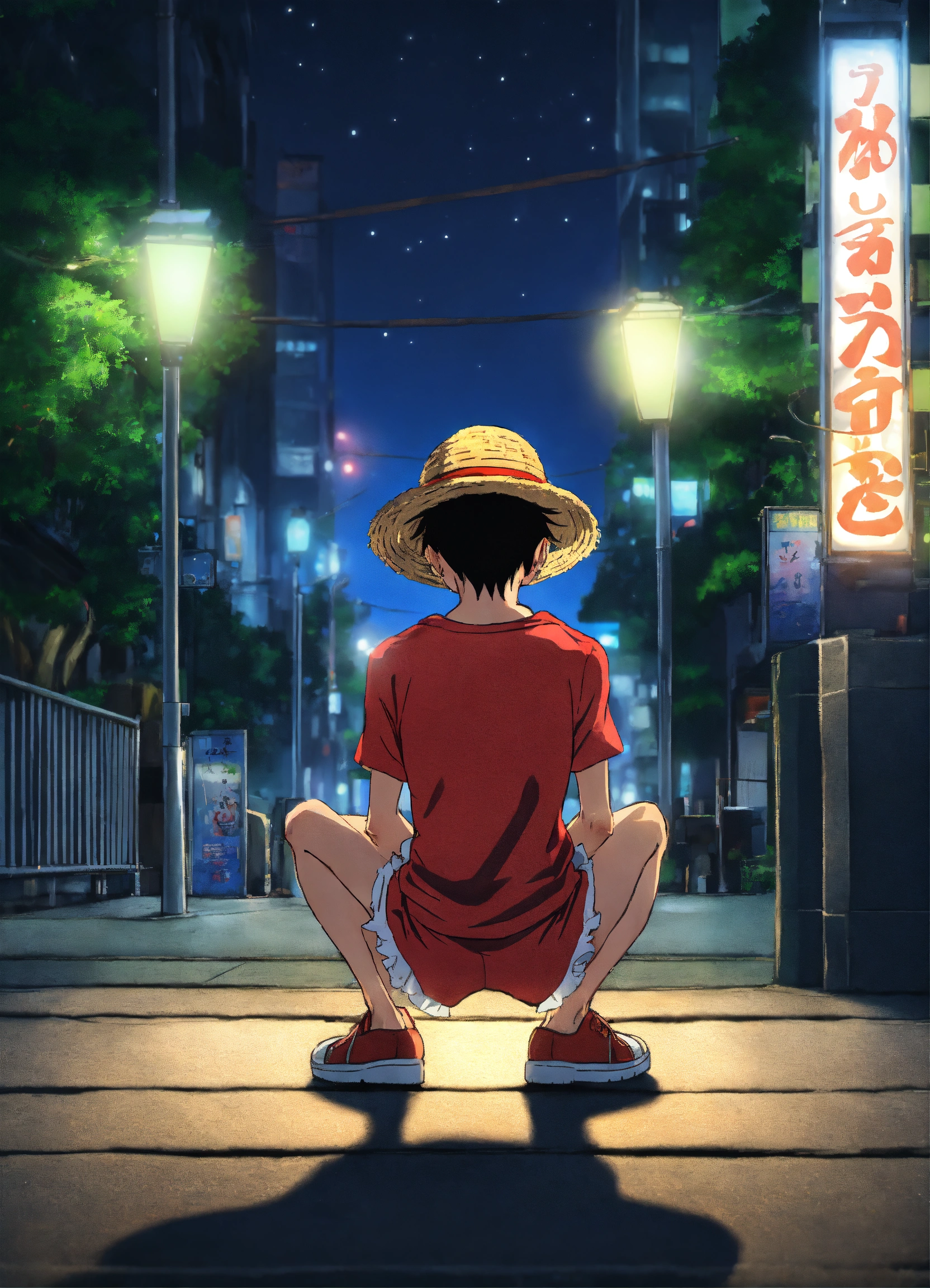 Lexica - Monkey D. Luffy sitting on the street under the spotlights in ...