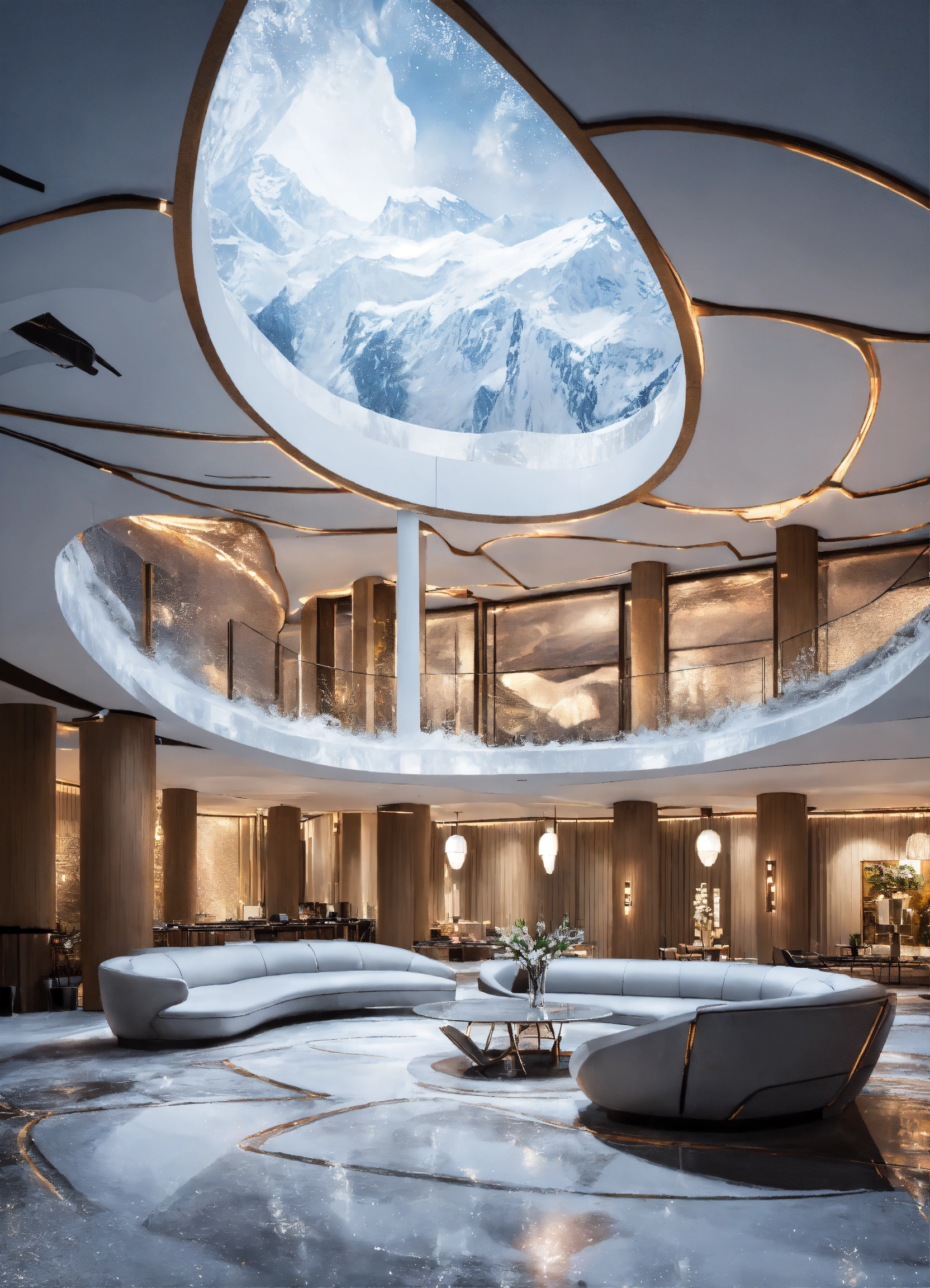 Lexica - Large elegant snow covered mountain futuristic hotel lobby