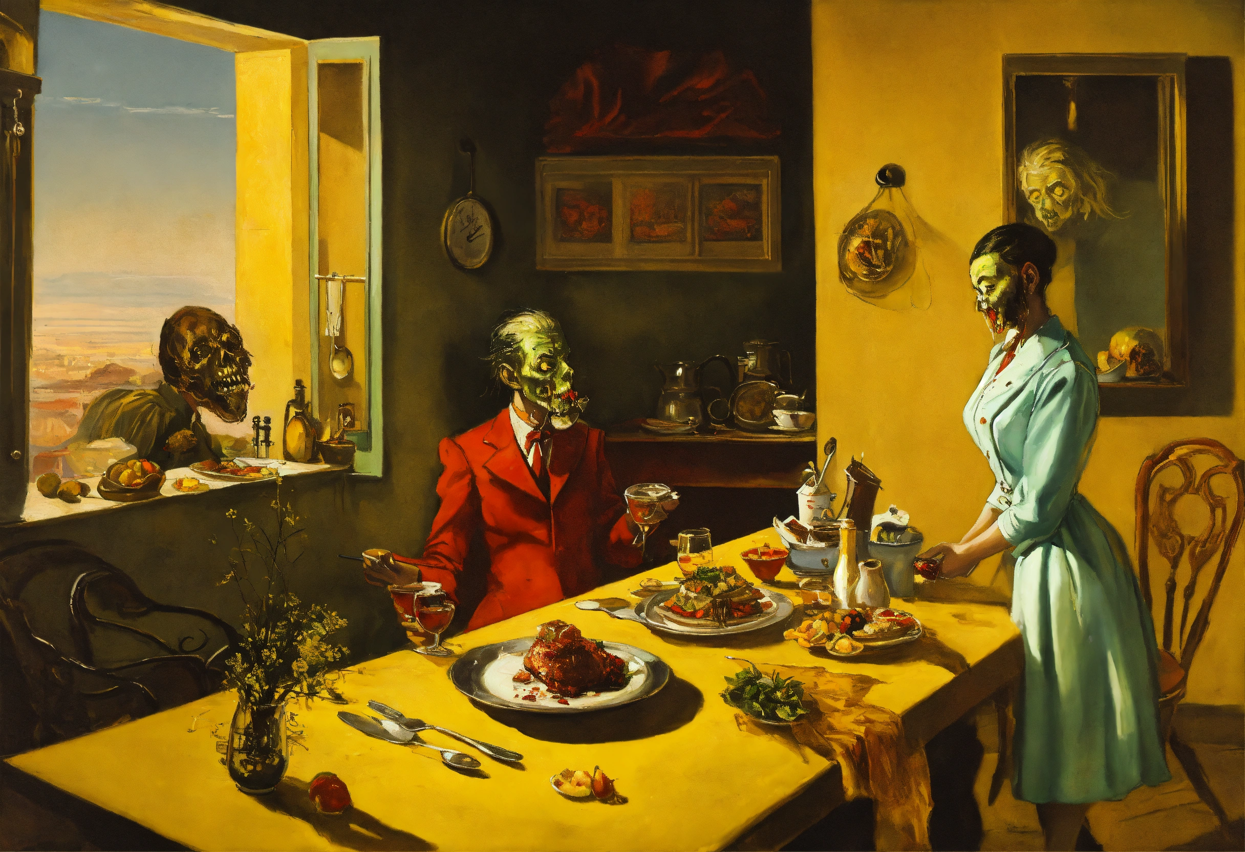 Lexica - Zombie in a vintage kitchen enjoying their meal, oil painting ...