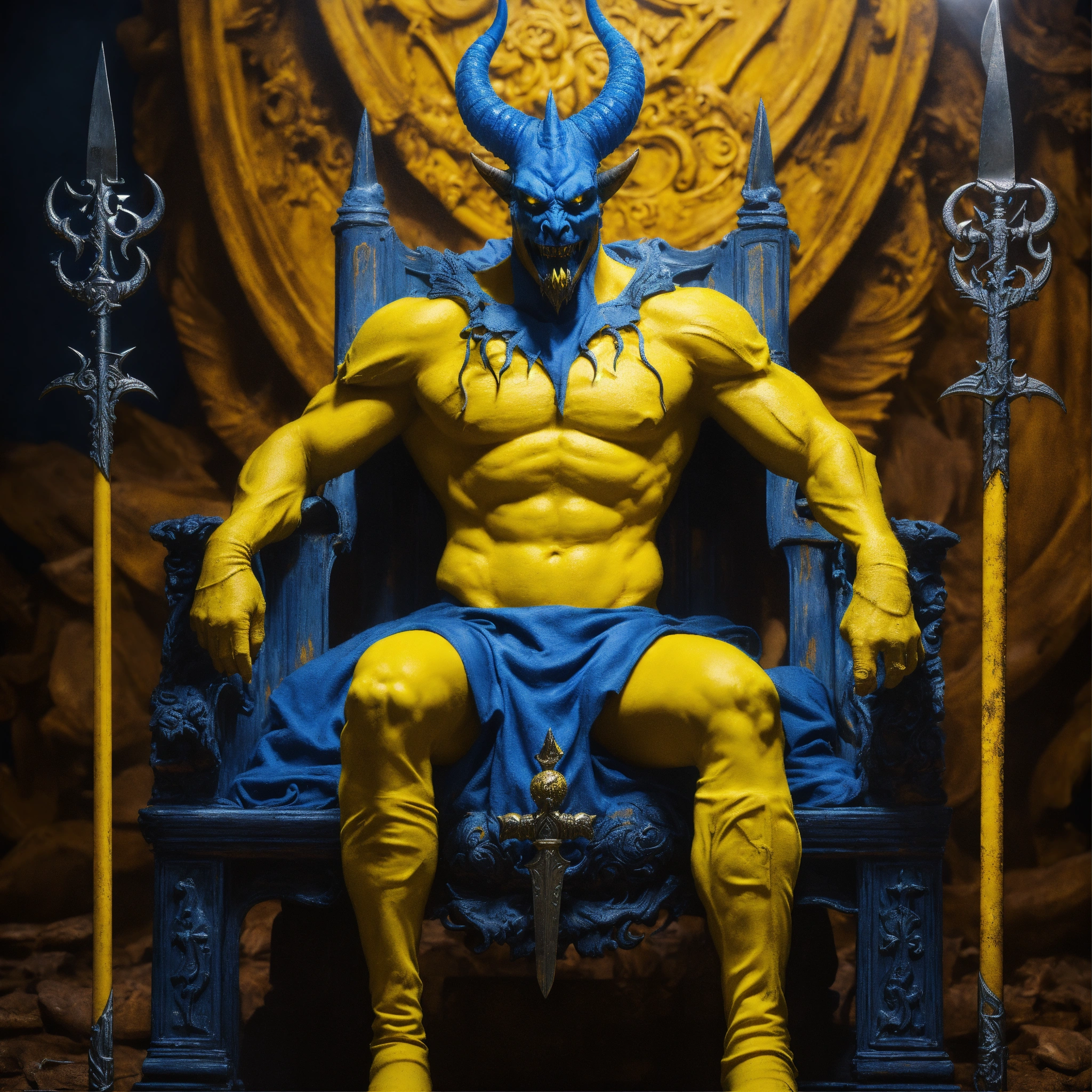 Lexica - Evil demonic yellow and blue devil, holding a trident, sitting ...