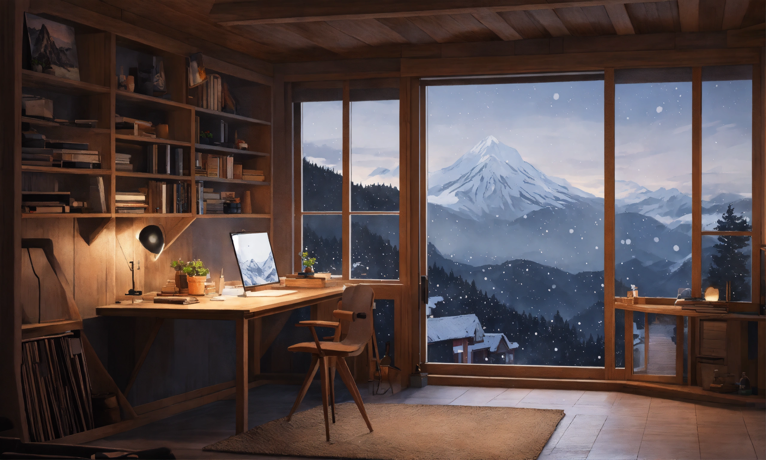 Lexica - Minimalistic study room in mountain hut, studio ghibli, lofi ...