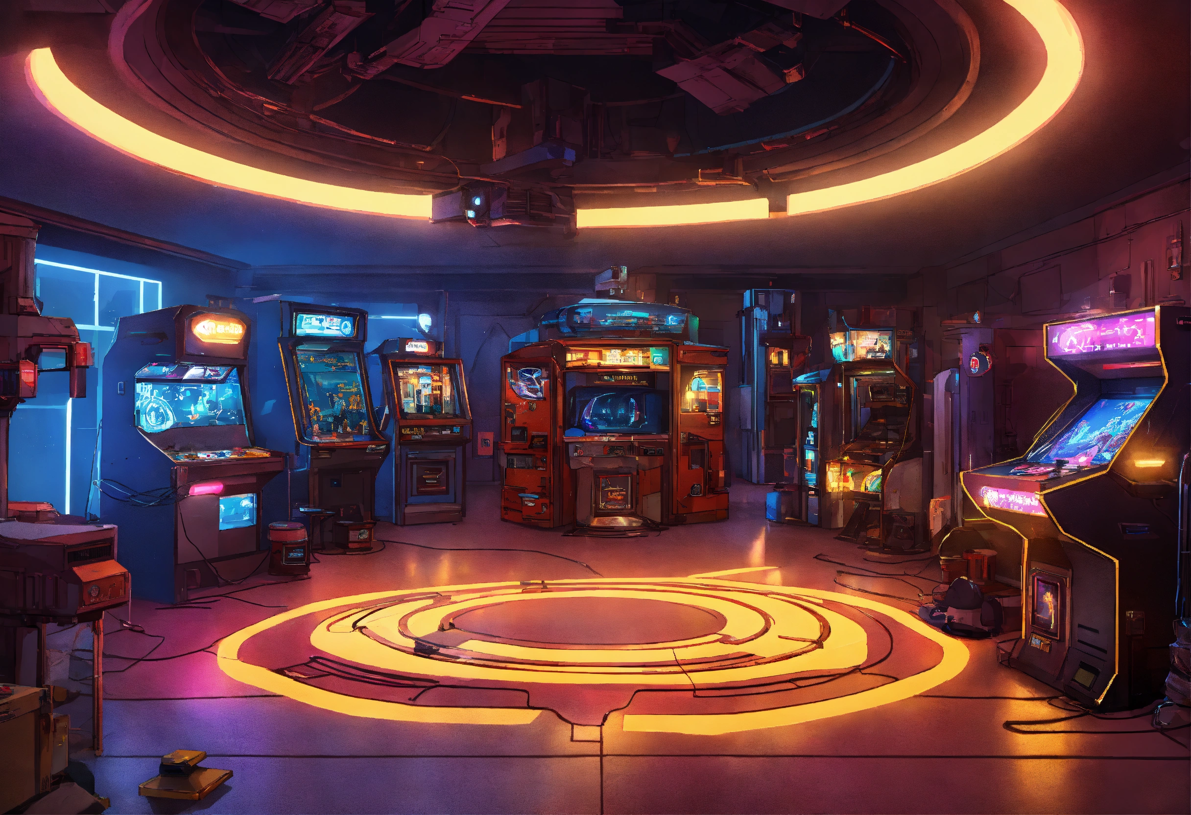 Lexica - Sci Fi tech base of operations with arcade machine, lots of ...