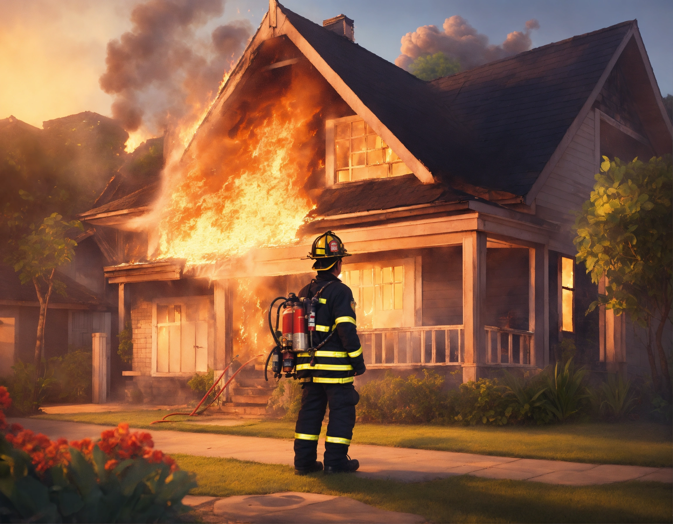 Lexica - Firefighter is putting out a fire at home, smiling, Indonesian ...