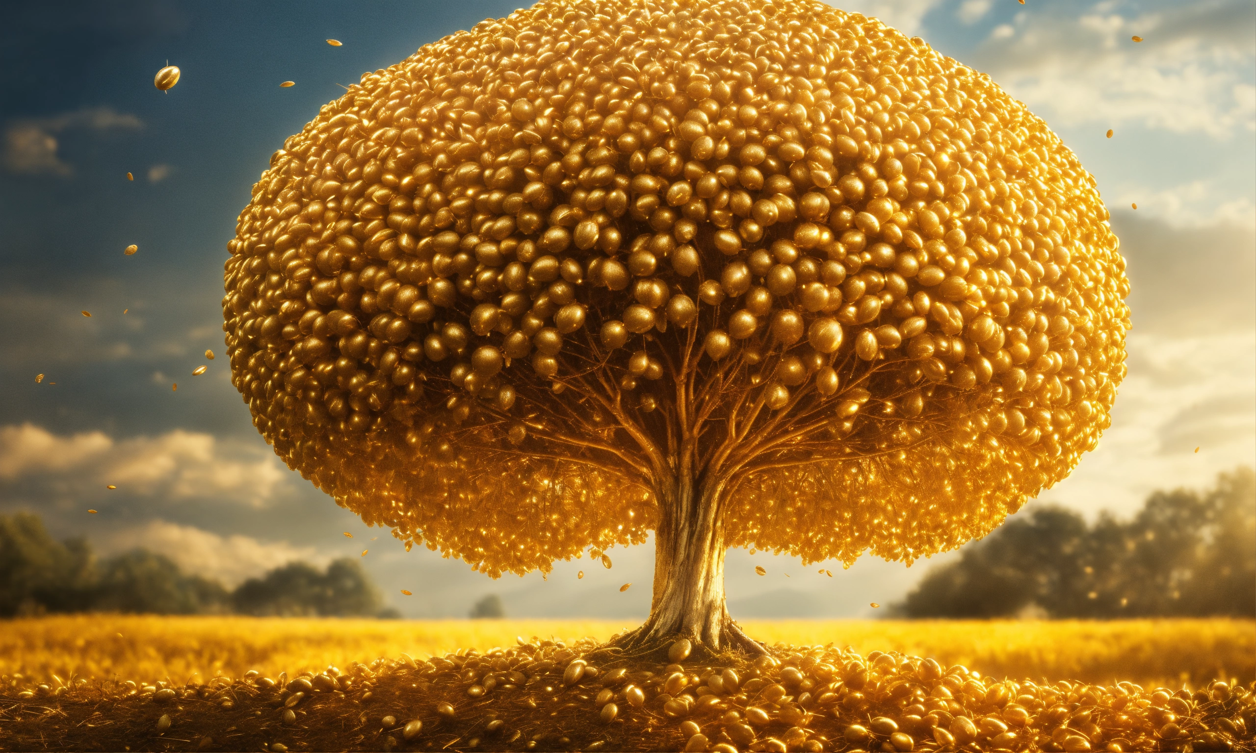 Lexica - A realistic photo of a golden seed that grows and becomes a ...