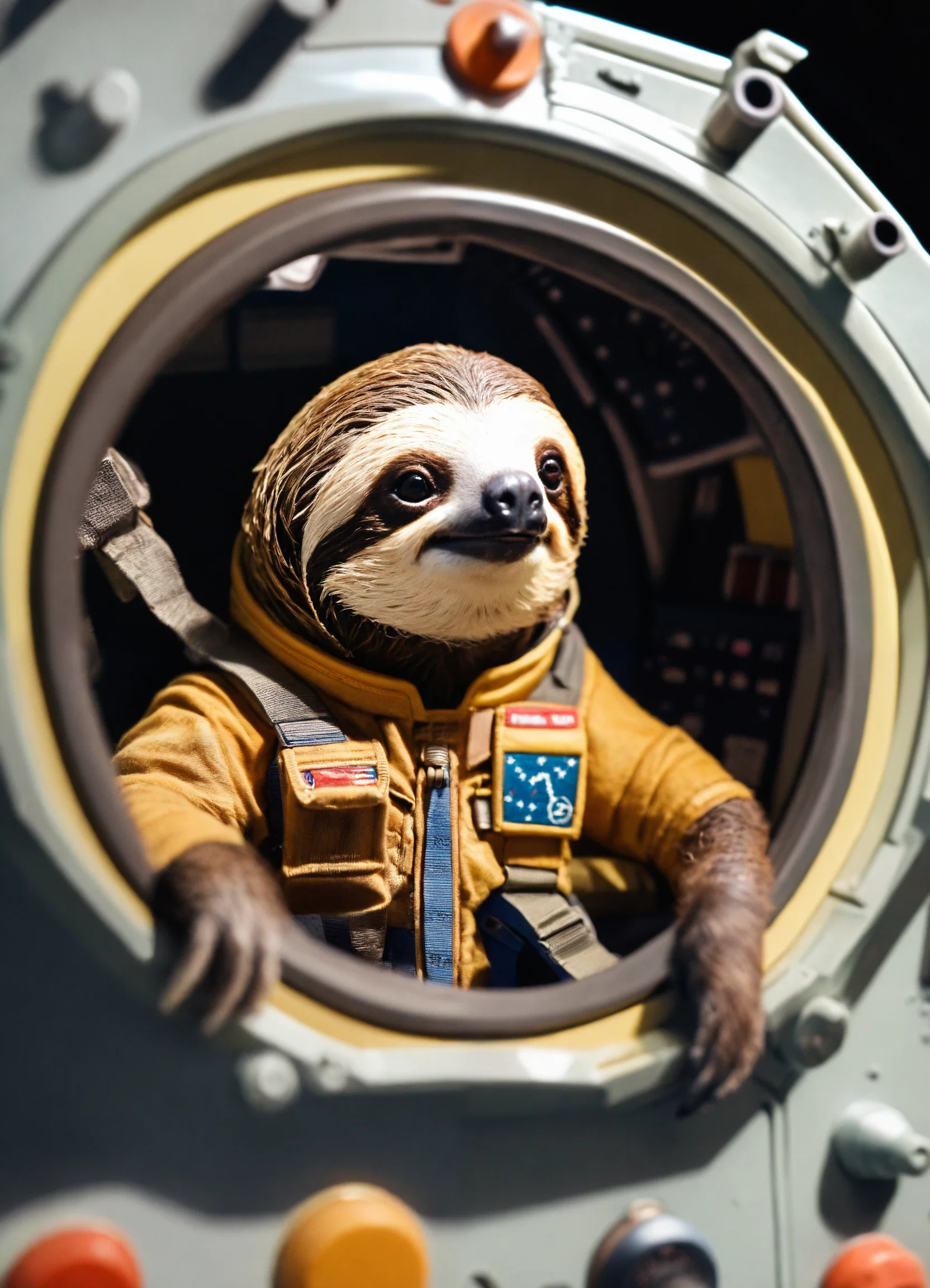 Lexica - A cute and tiny sloth captain inside the Space Shuttle's ...