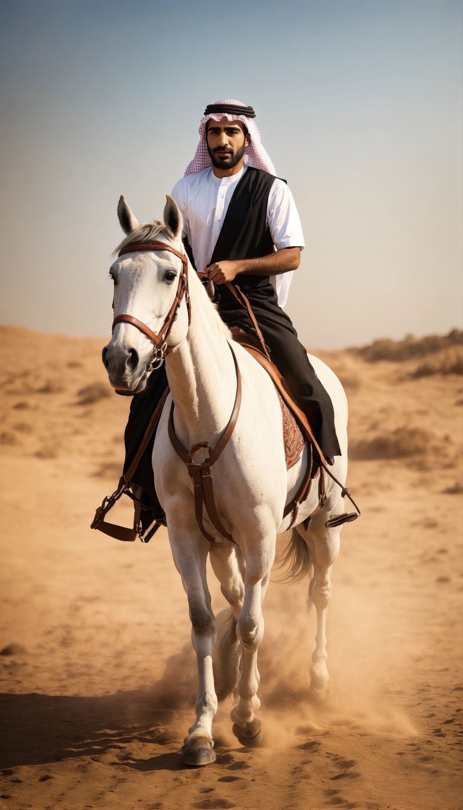 Lexica - Realistic photo of an Arab man riding a horse, looking at the ...